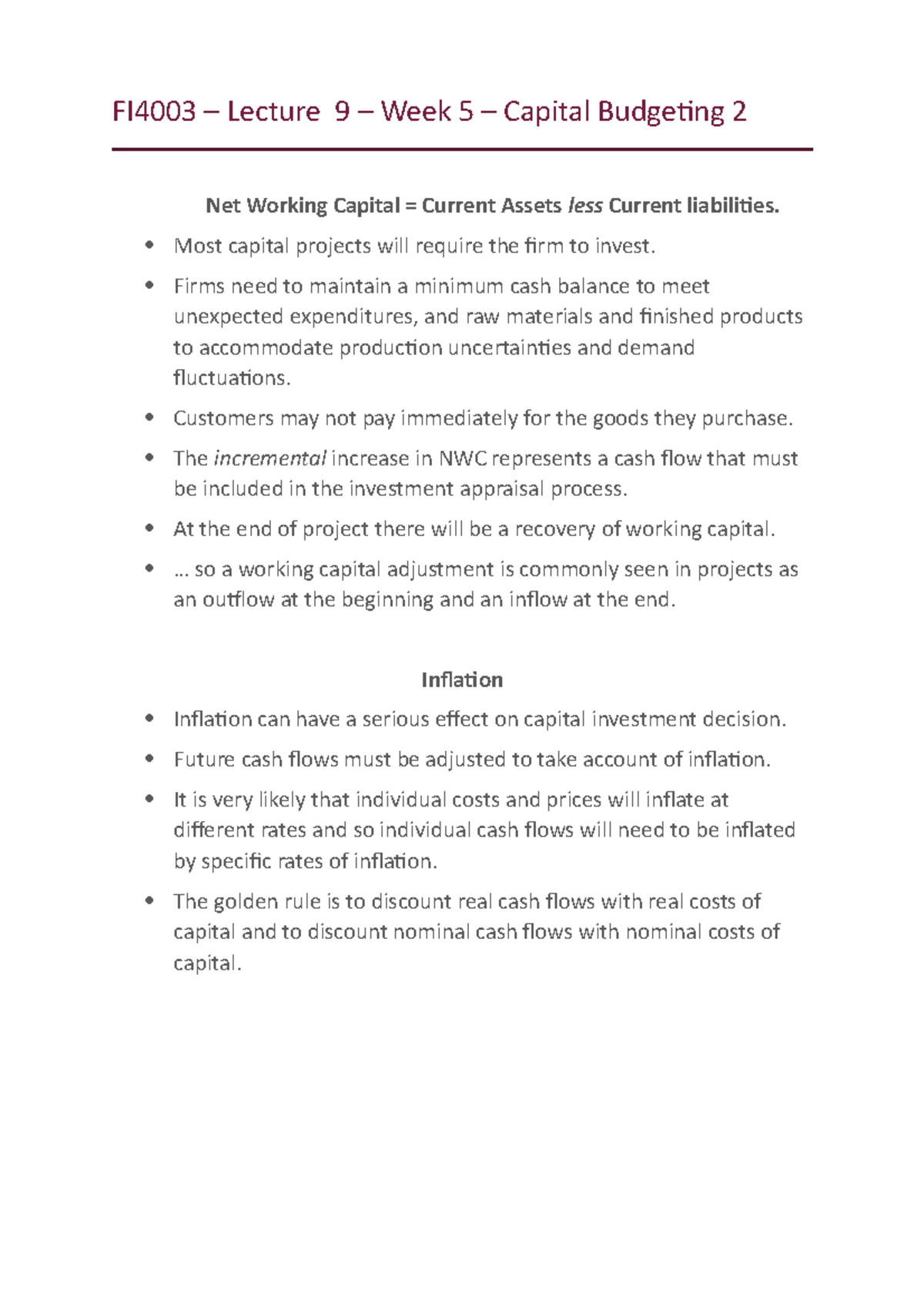 FI4003 - Lecture 9 - Week 5 - FI4003 – Lecture 9 – Week 5 – Capital ...