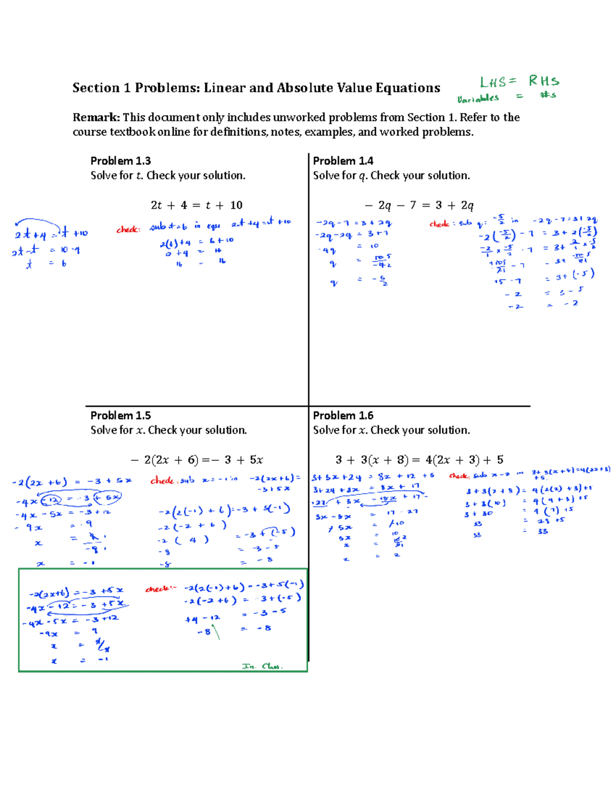Section 1 Linear AND Absolute Value Equations 230322 135706801 ...