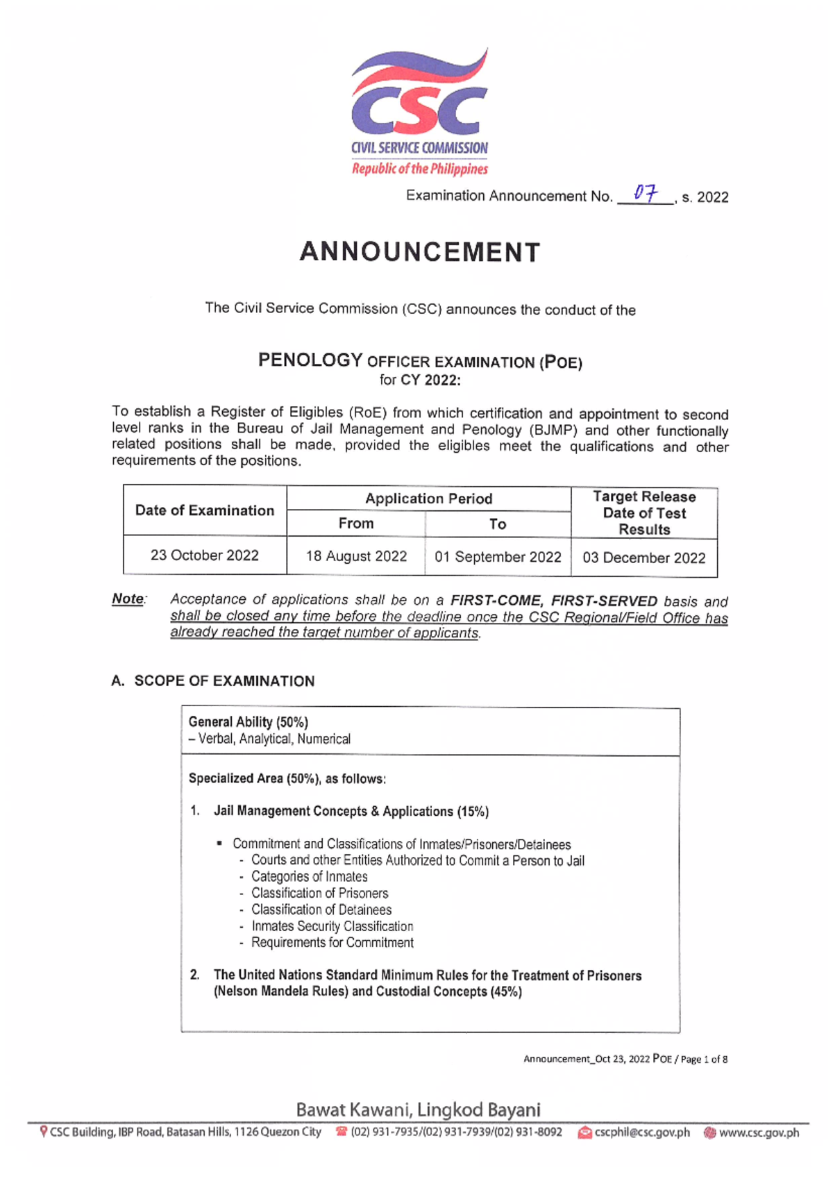 Exam Announcement 07s2022 Conduct-of-2022-1023-POE - Psychology - Studocu
