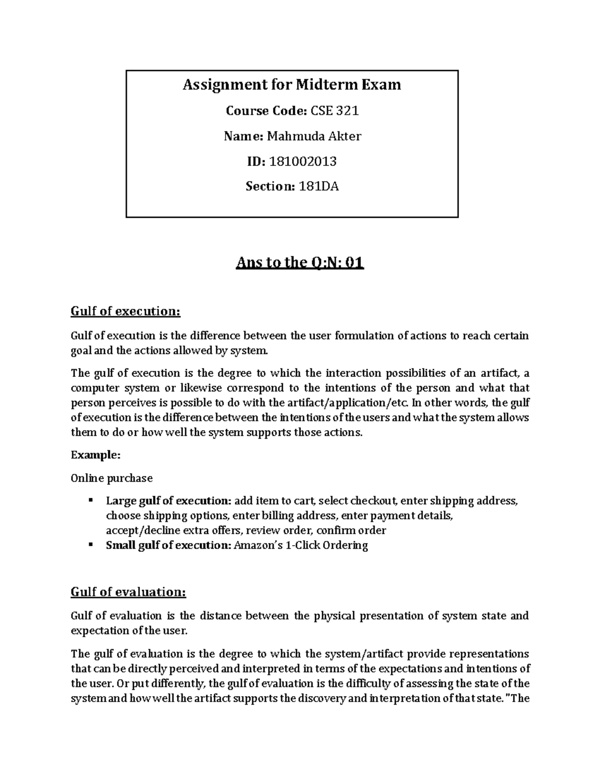 Midterm Assignment 181002013 Assignment For Midterm Exam Course Code Cse 321 Name Mahmuda