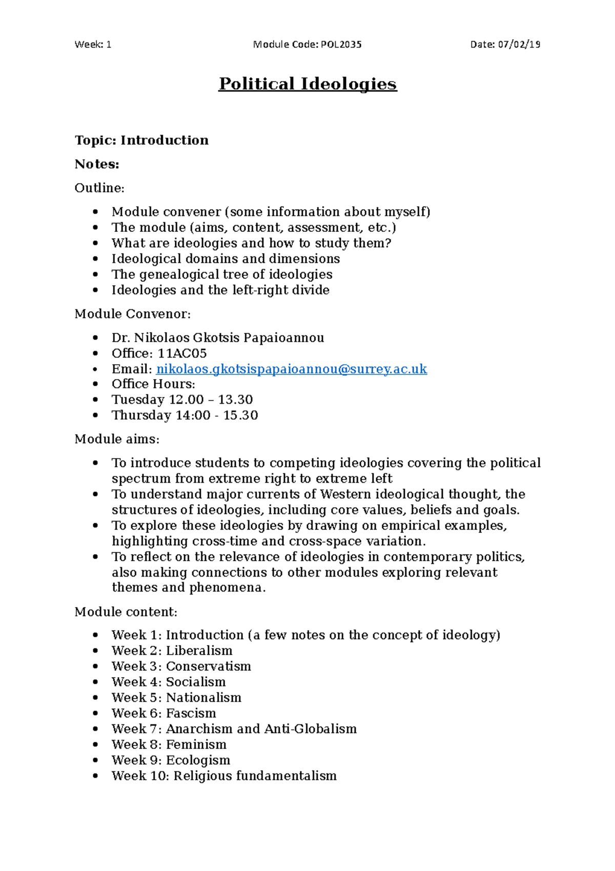 Political Ideologies week 1 - Week: 1 Module Code: POL2035 Date: 07/02 ...