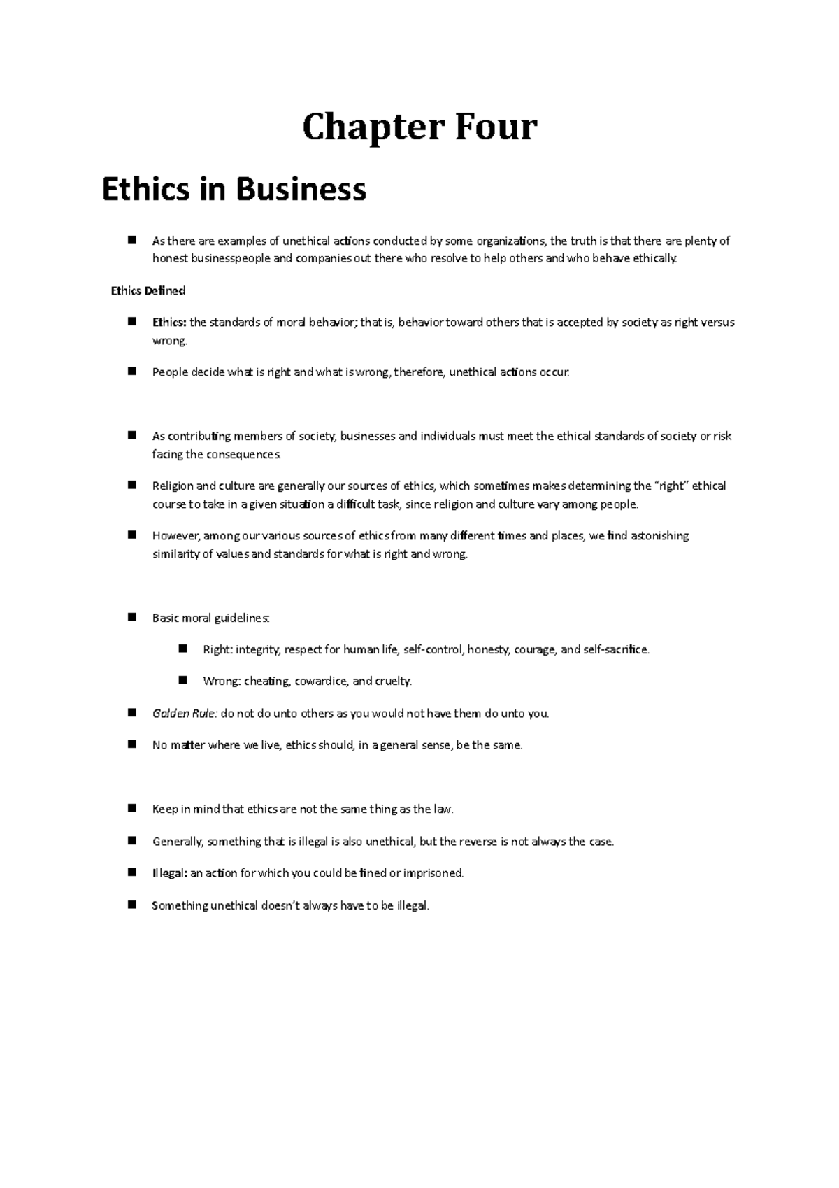 Chapter Four - note - Chapter Four Ethics in Business As there are ...