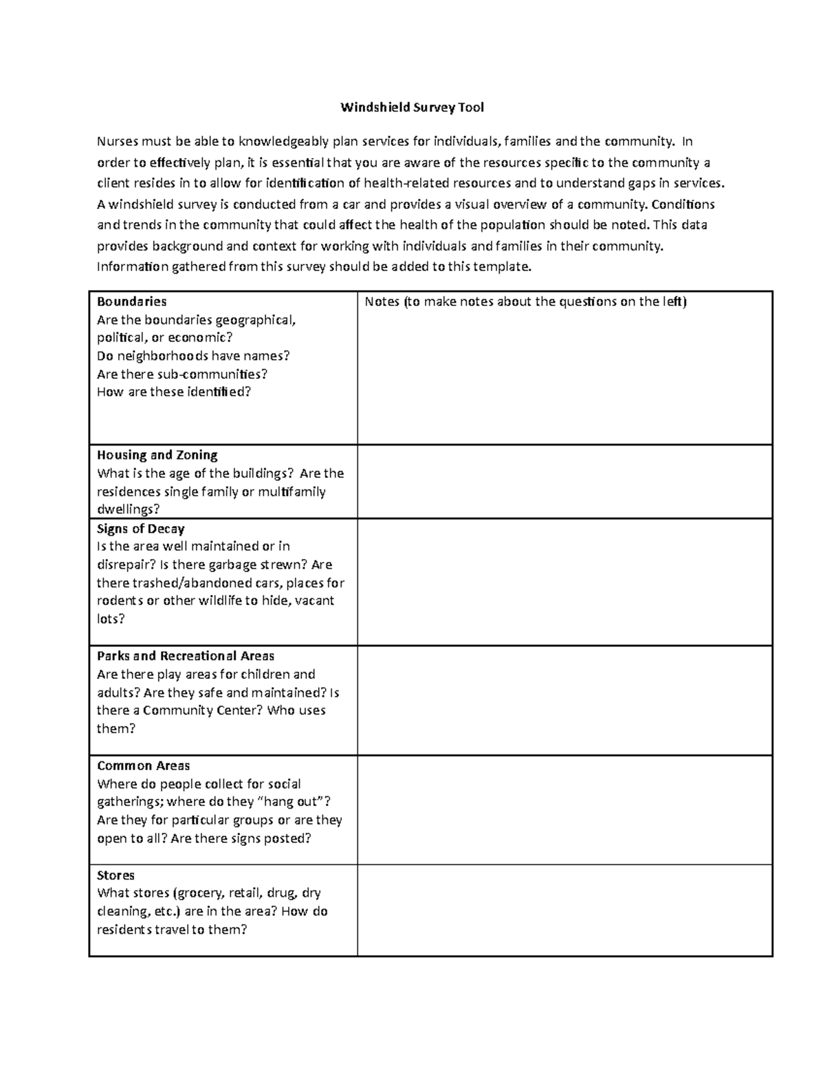 Windshield Survey Document - Windshield Survey Tool Nurses must be able ...