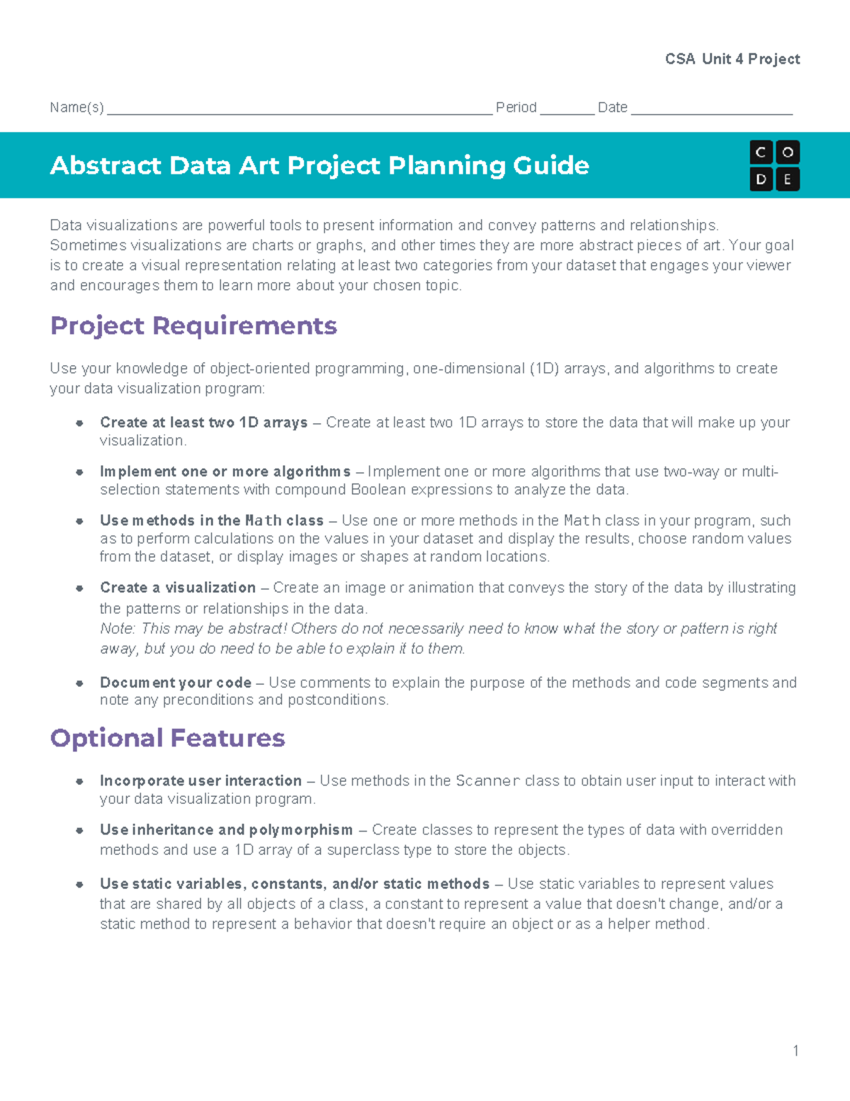 CSA Unit 4 Abstract Data Art Project Planning Guide - CSA Unit 4 ...