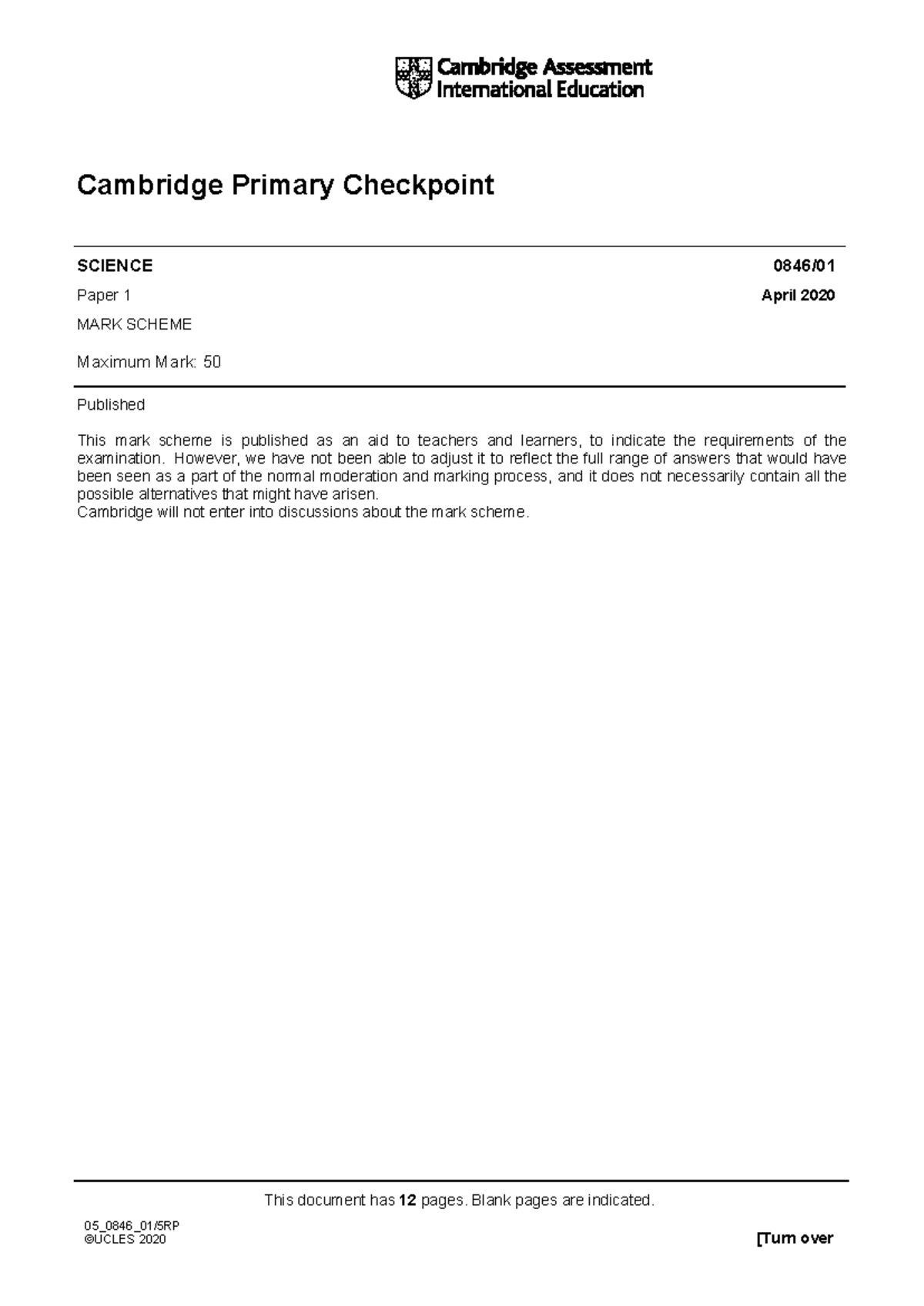 Checkpoint 2020 April Primary Science 0846 01 Mark Scheme - This ...