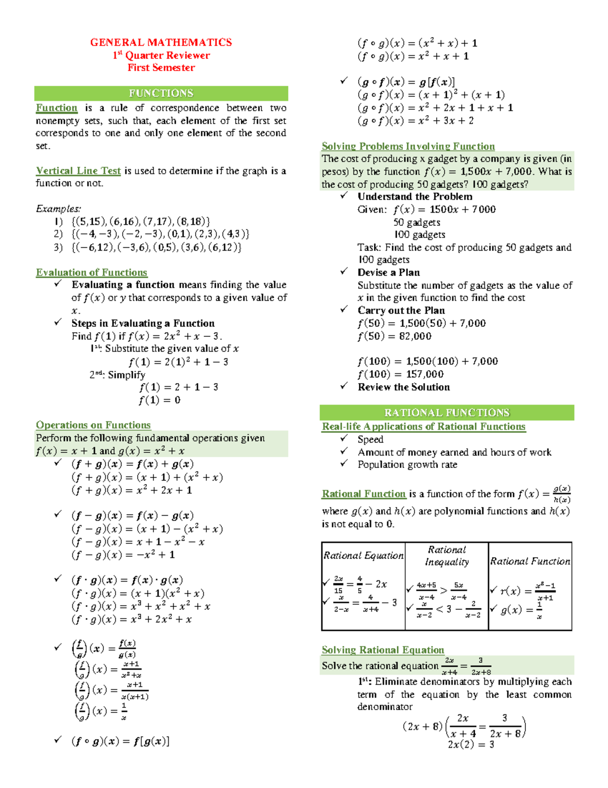 Genmath Summary OF Lessons - GENERAL MATHEMATICS 1 st Quarter Reviewer First Semester FUNCTIONS ...