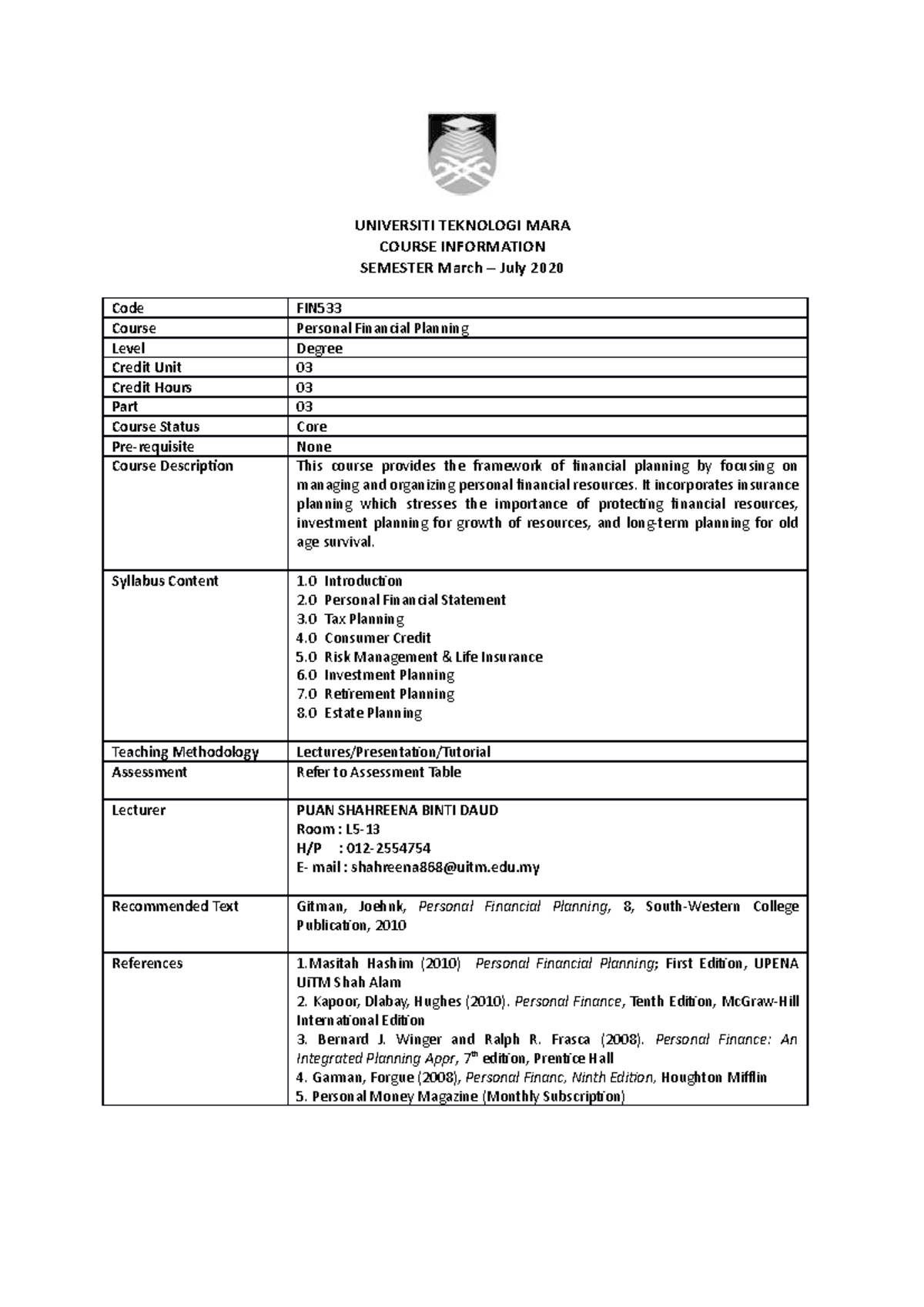 Lesson PLAN FIN533 OCT 2020 - UNIVERSITI TEKNOLOGI MARA COURSE ...