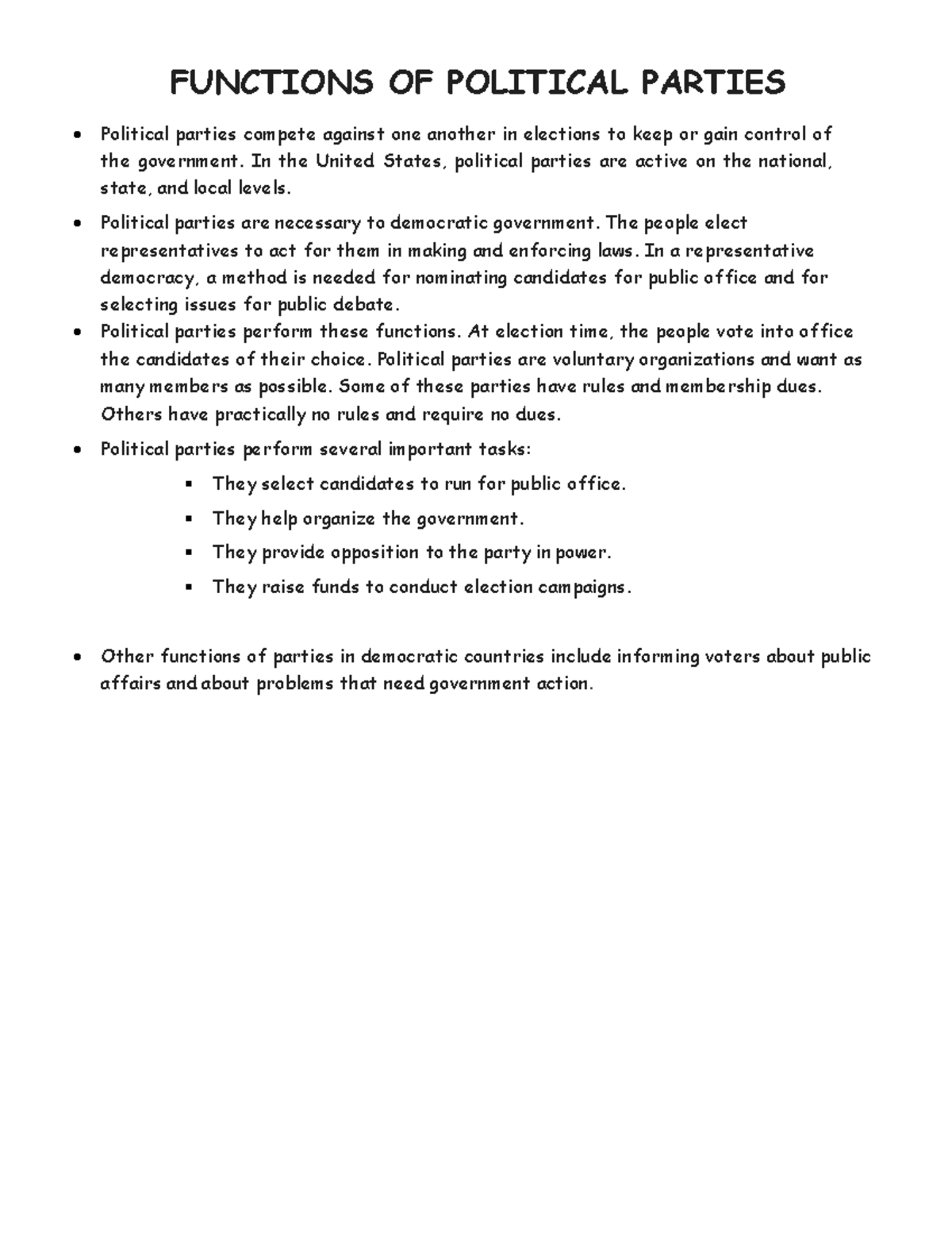 Purpose Of Political Parties - FUNCTIONS OF POLITICAL PARTIES Political ...