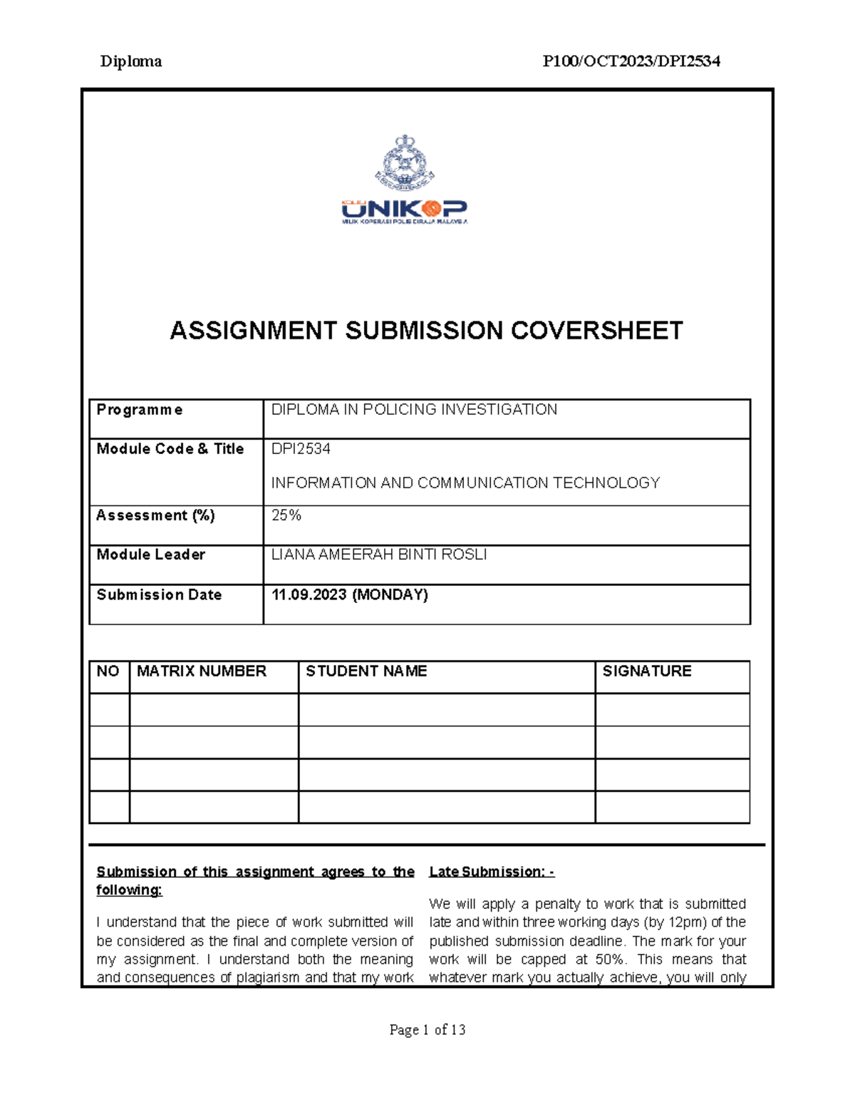 Assignment 2 (25%) new - ASSIGNMENT SUBMISSION COVERSHEET Programme ...