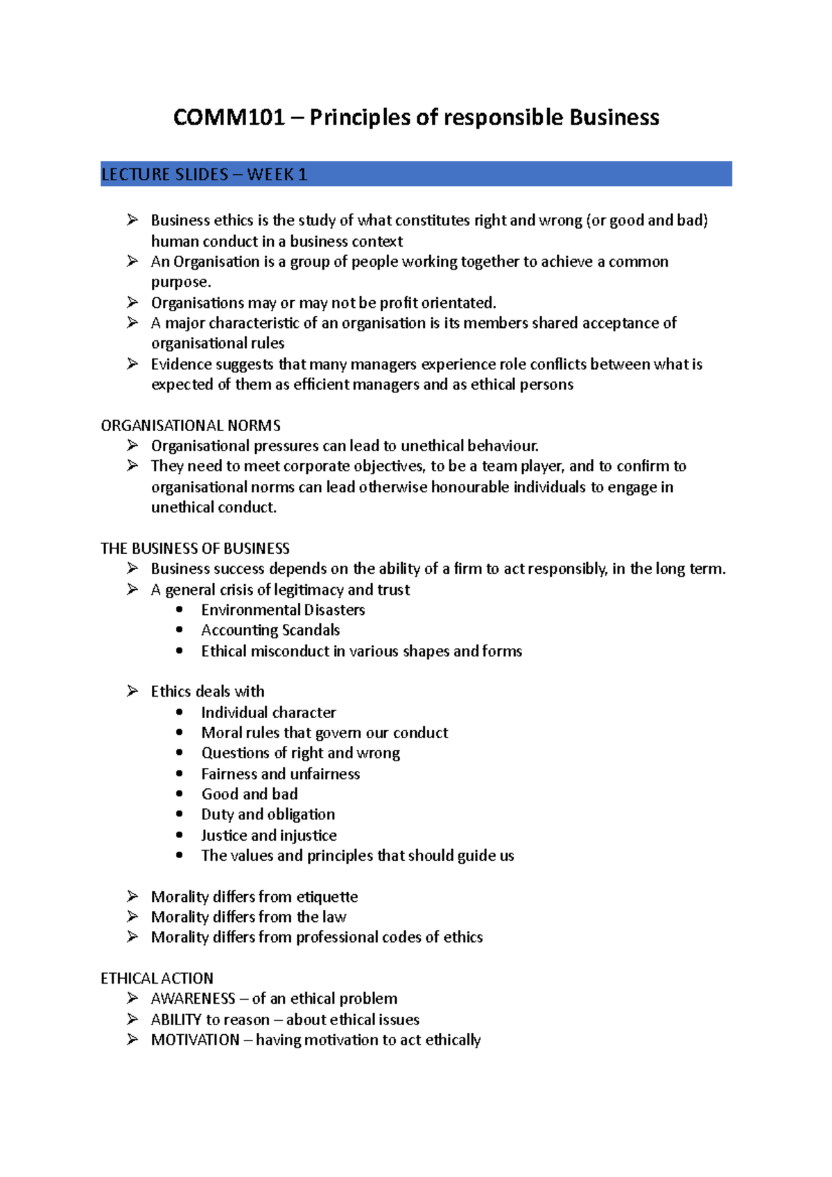 COMM101 principles of responsible commerce Lecture Notes week 1 ...
