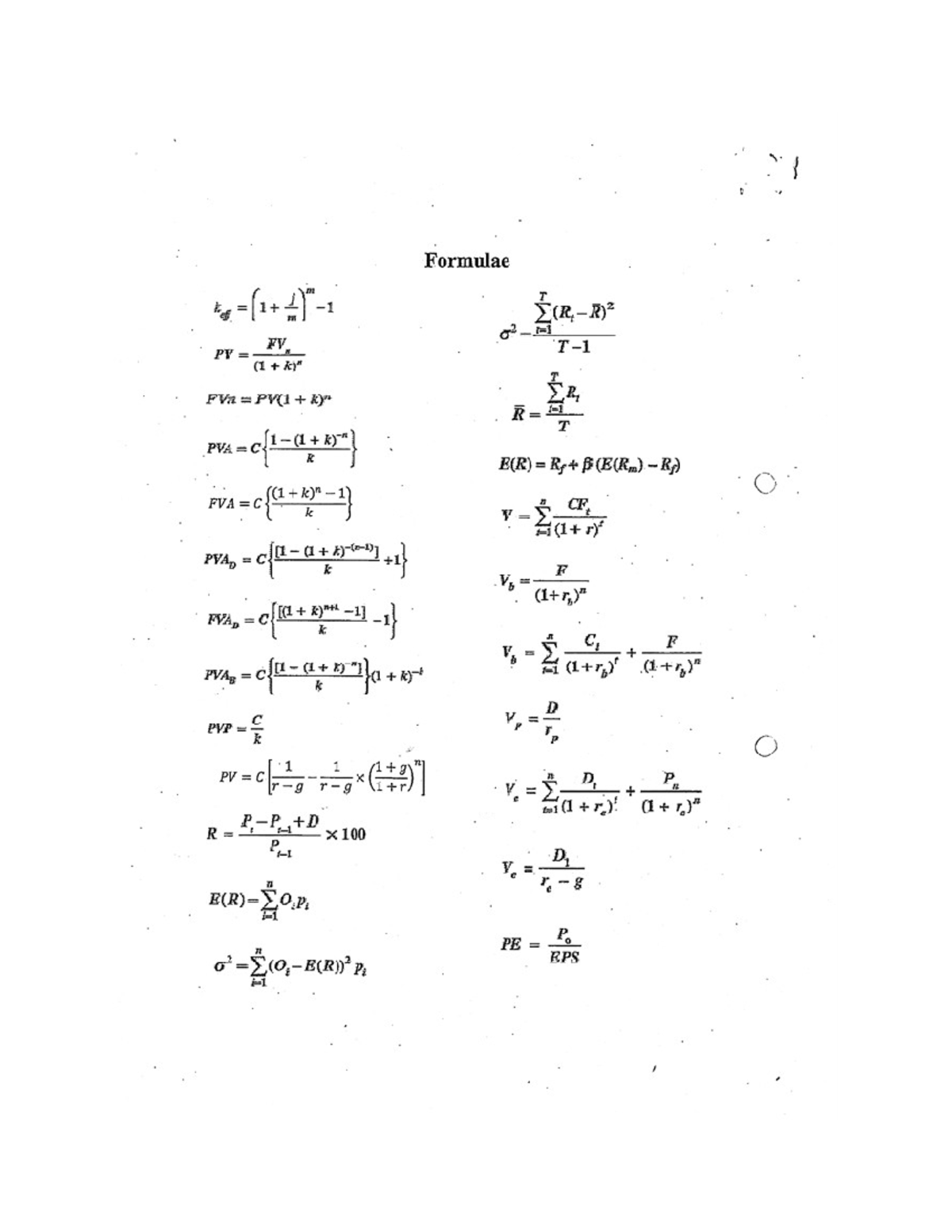 Formula sheet - Financial management - Formulae FVa=PV(1+k)" ER a PVP=C ...