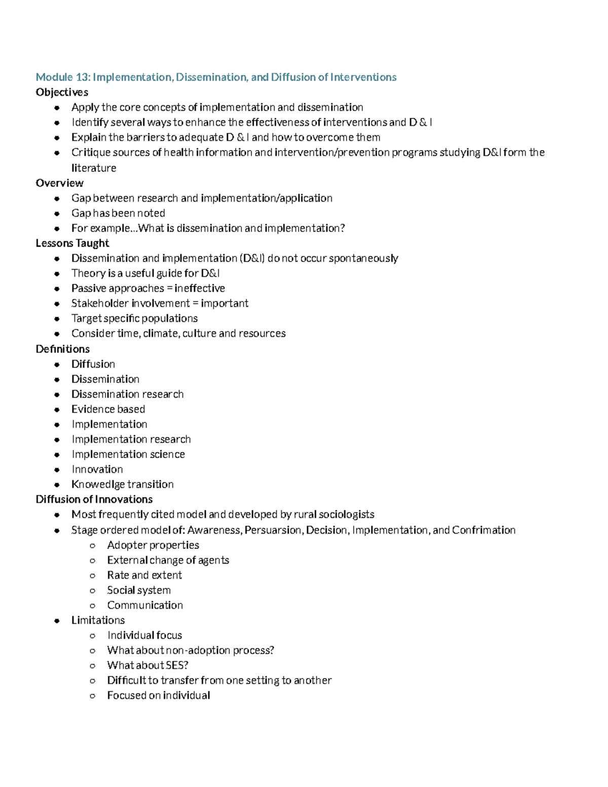 Module 13 Implementation, Dissemination, and Diffusion of Interventions - Module 13 ...