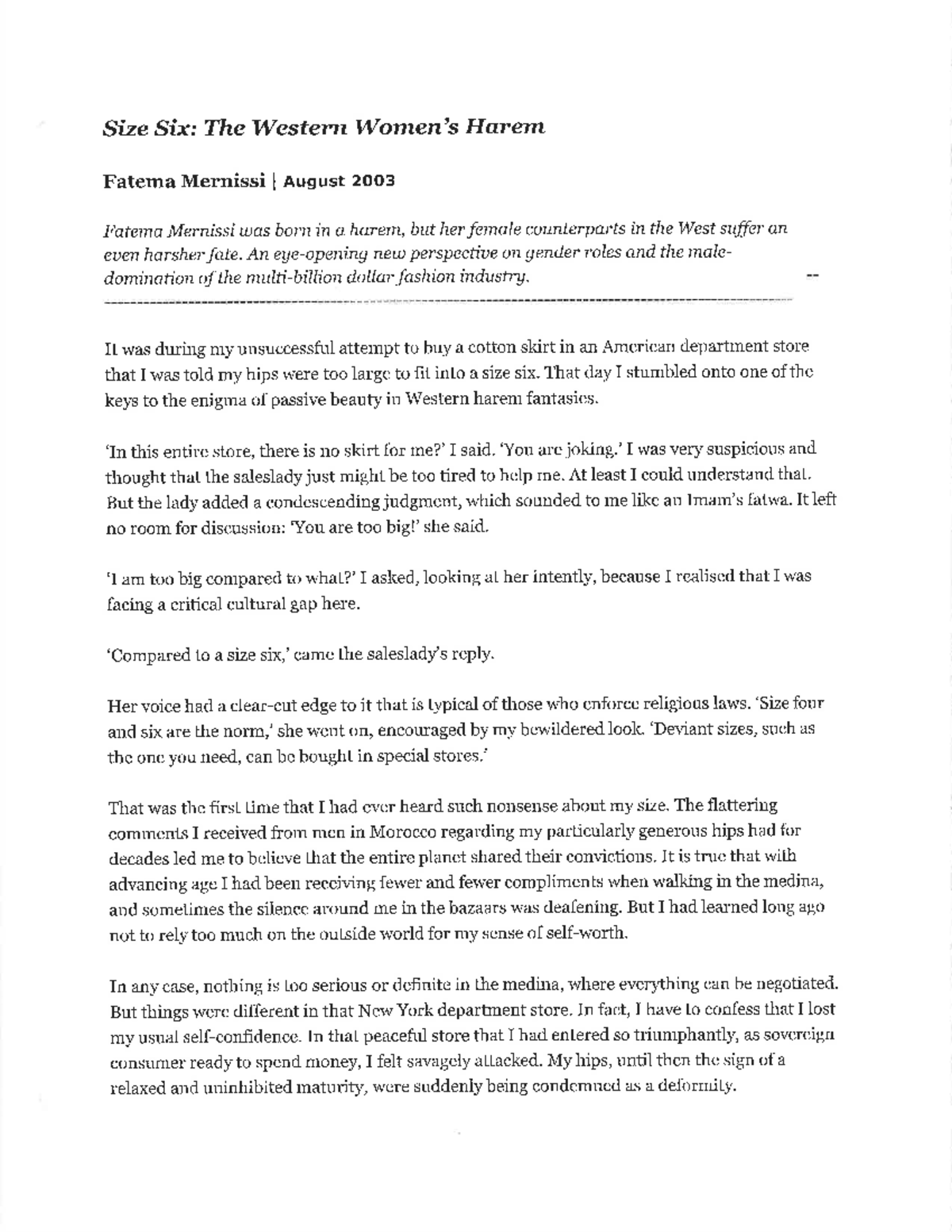 Compare and Contrast - Size Six the Western Womens Harem - Text and ...