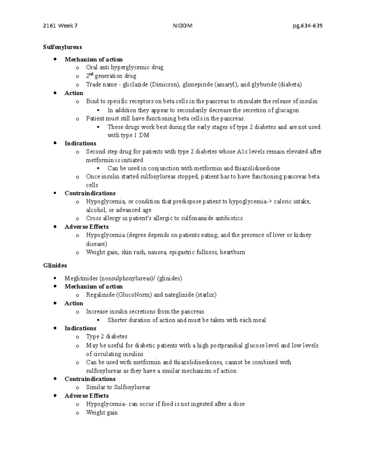 2161 Week 7 - Lilley Niddm - Sulfonylureas Mechanism of action o Oral ...