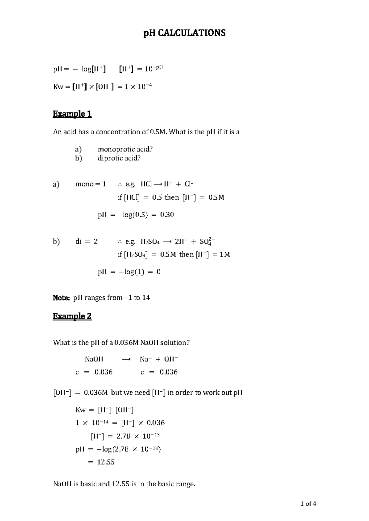 Stoich p H Calculations - 1 of 4 pH CALCULATIONS pH = − log H + H ...