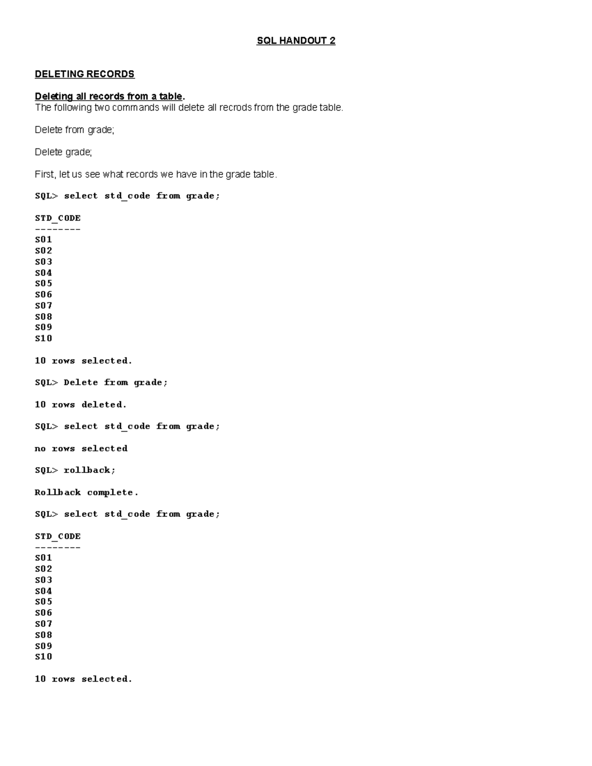 Sql Handout 2 Sql Handout 2 Deleting Records Deleting All Records From A Table The Following 