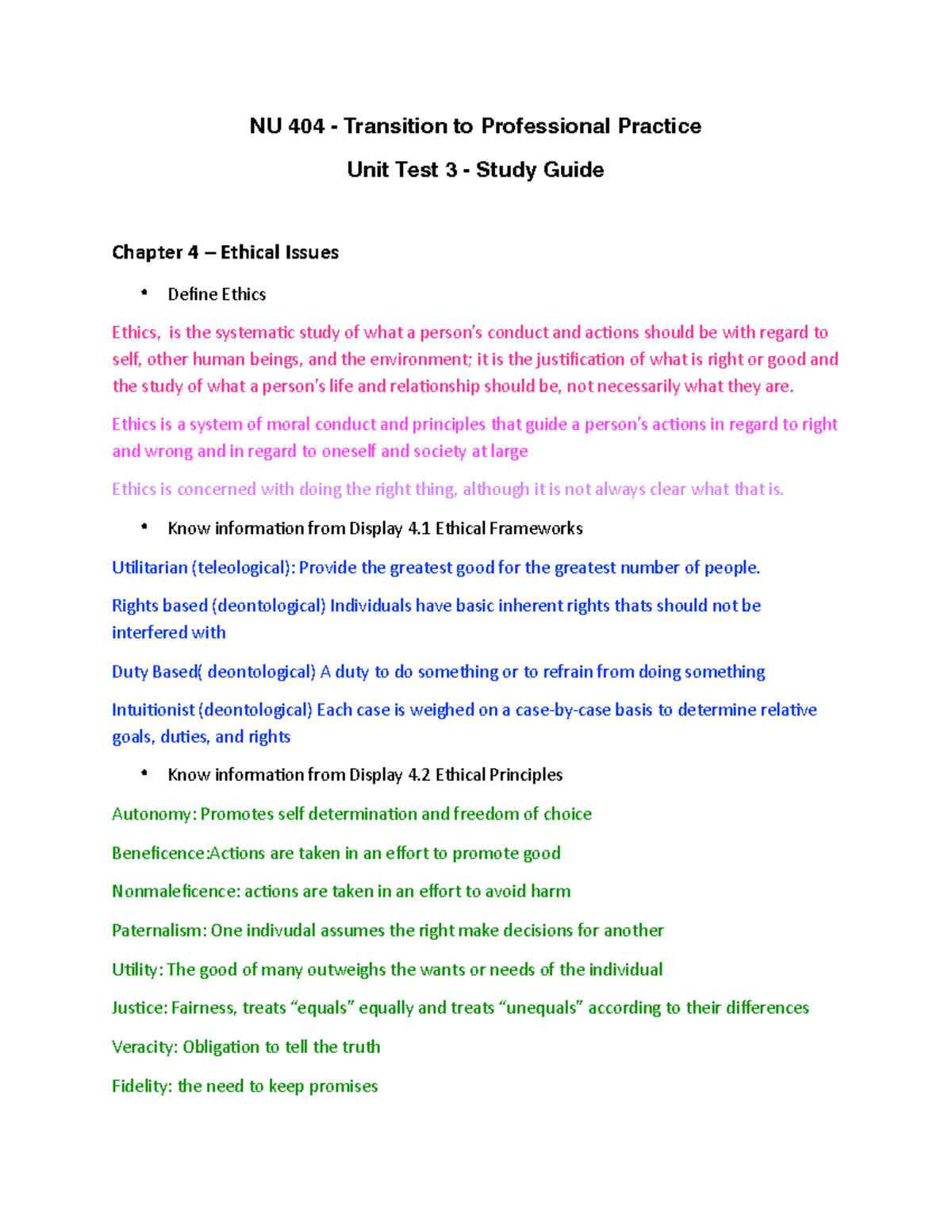 NU 404 Unit Test 3 Study Guide - NU 404 - Transition to Professional ...