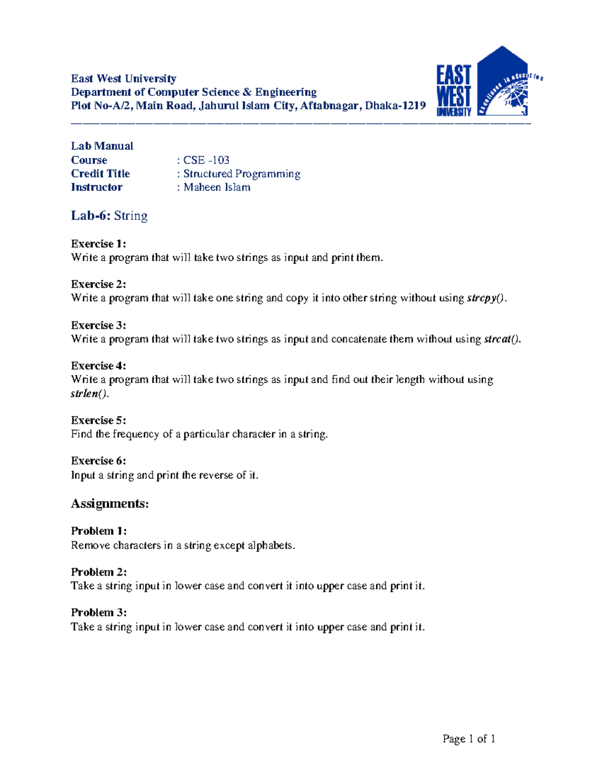 CSE103 Lab-8 String - Lab Material - Page 1 of 1 East West University Department of Computer ...
