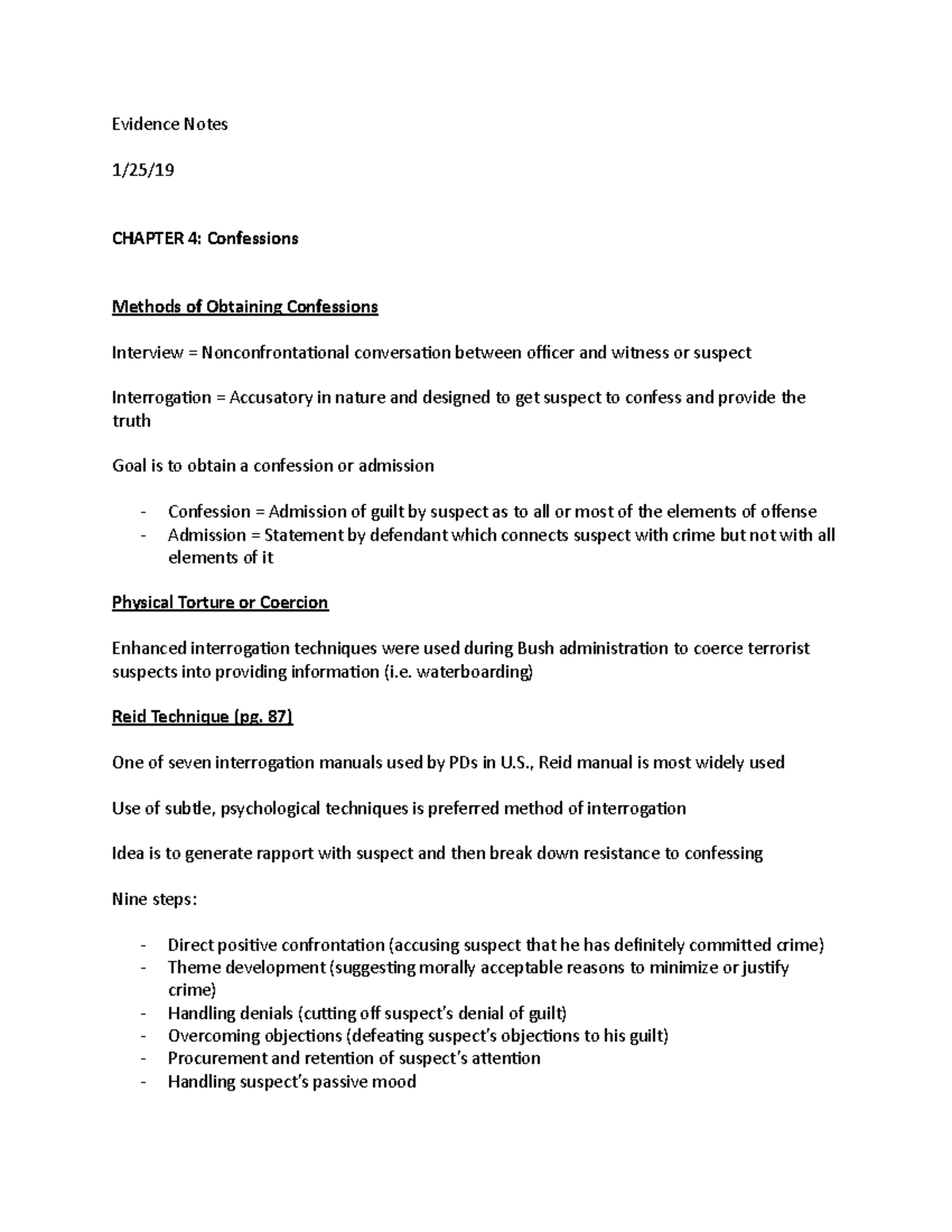 Evidence Notes 4 - Evidence Notes 1/25/19 CHAPTER 4: Confessions ...