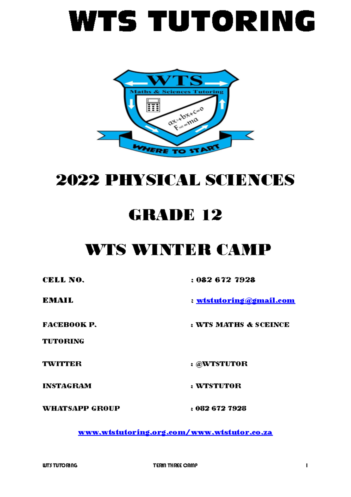 2022 WTS 12 Physcs T3 CAMP - 2022 PHYSICAL SCIENCES GRADE 12 WTS WINTER ...