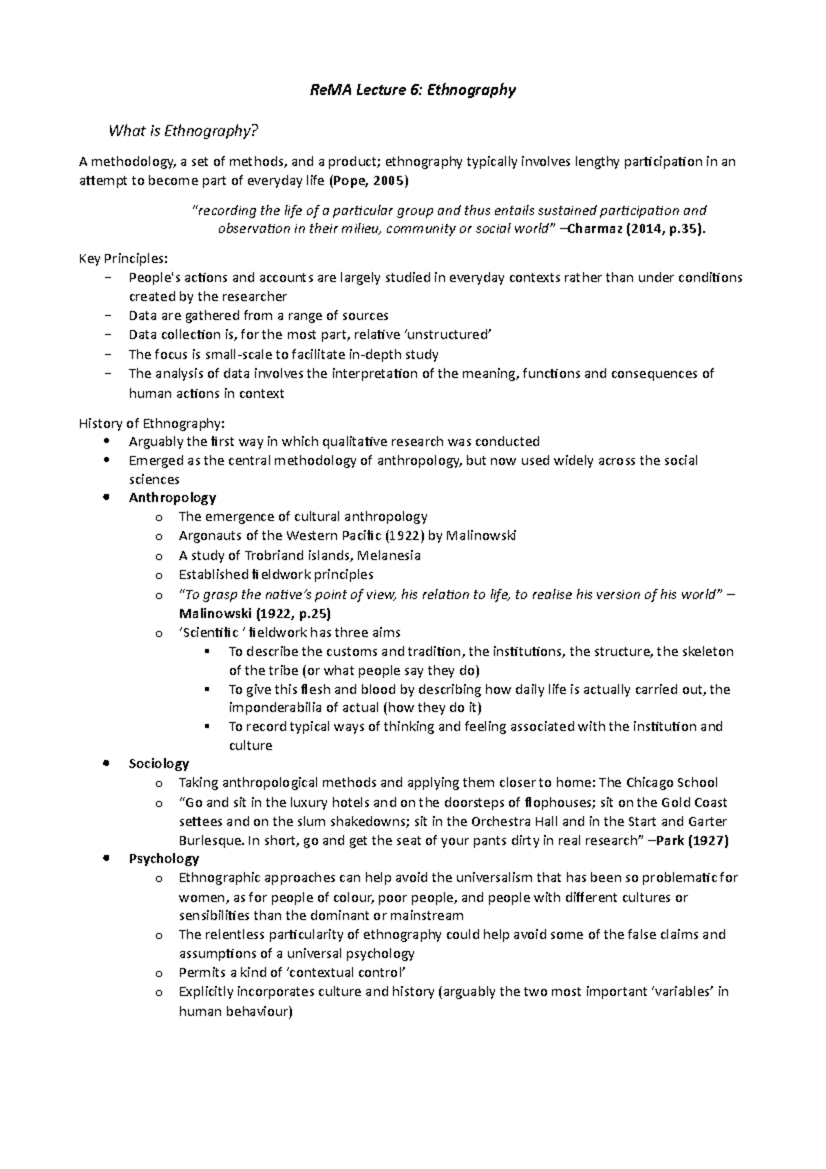 Introduction to Ethnography - ReMA Lecture 6: Ethnography What is ...