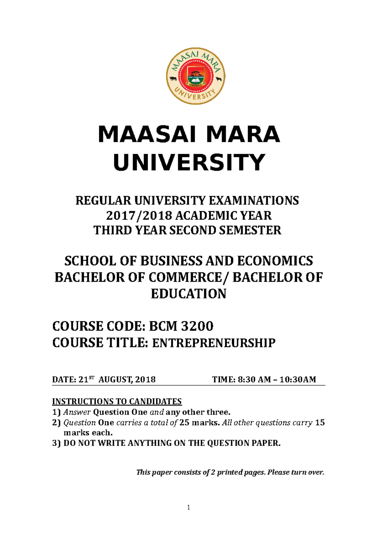 BBM 3200 MAIN AUG2018 - Entrepreneurship - MAASAI MARA UNIVERSITY REGULAR UNIVERSITY ...