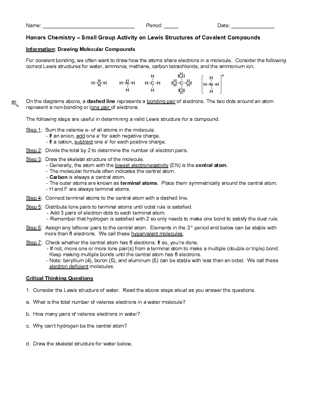 Honors SGA on Lewis Diagrams of Molecular Compounds - Name