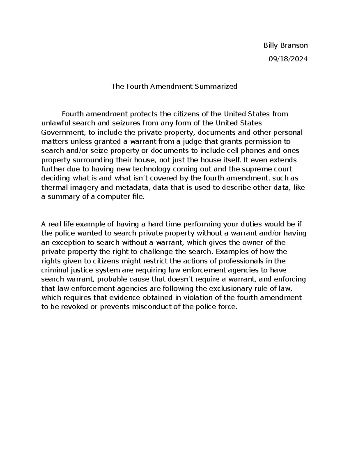 3-2 written assignment - Billy Branson 09/18/ The Fourth Amendment ...