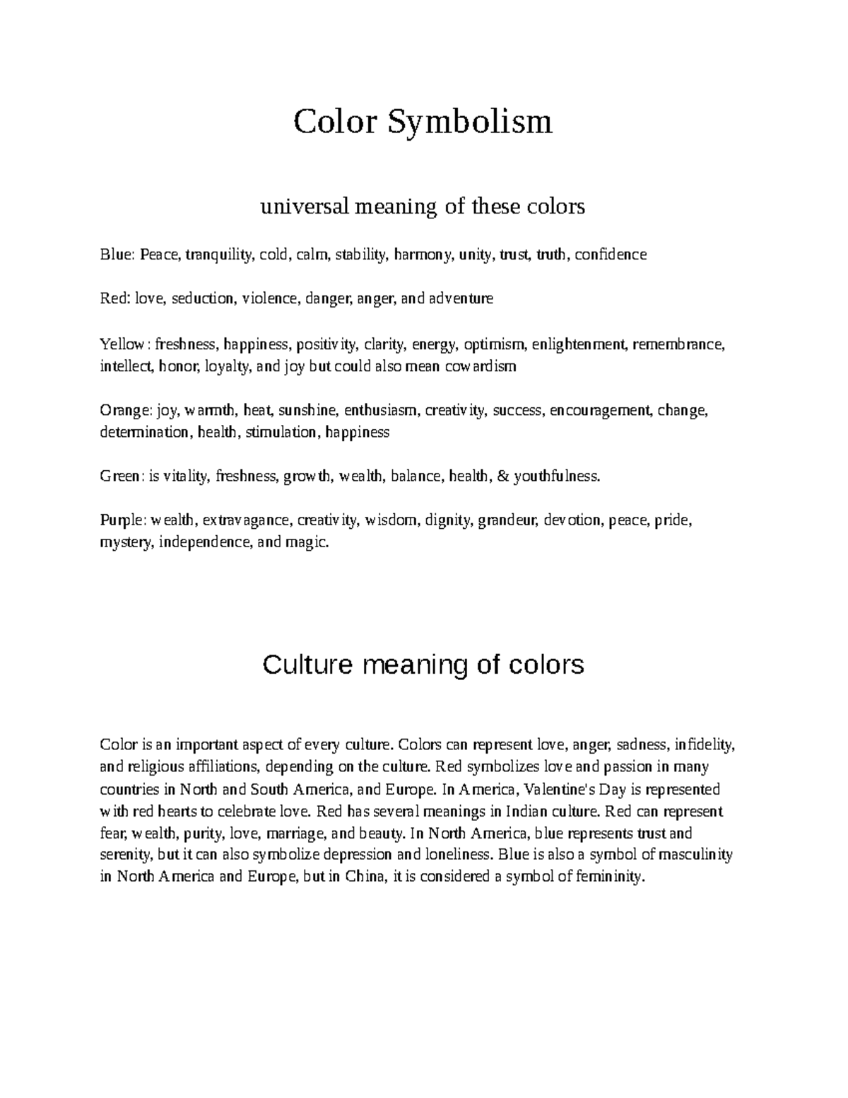 Color Symbolism - Color Symbolism universal meaning of these colors ...
