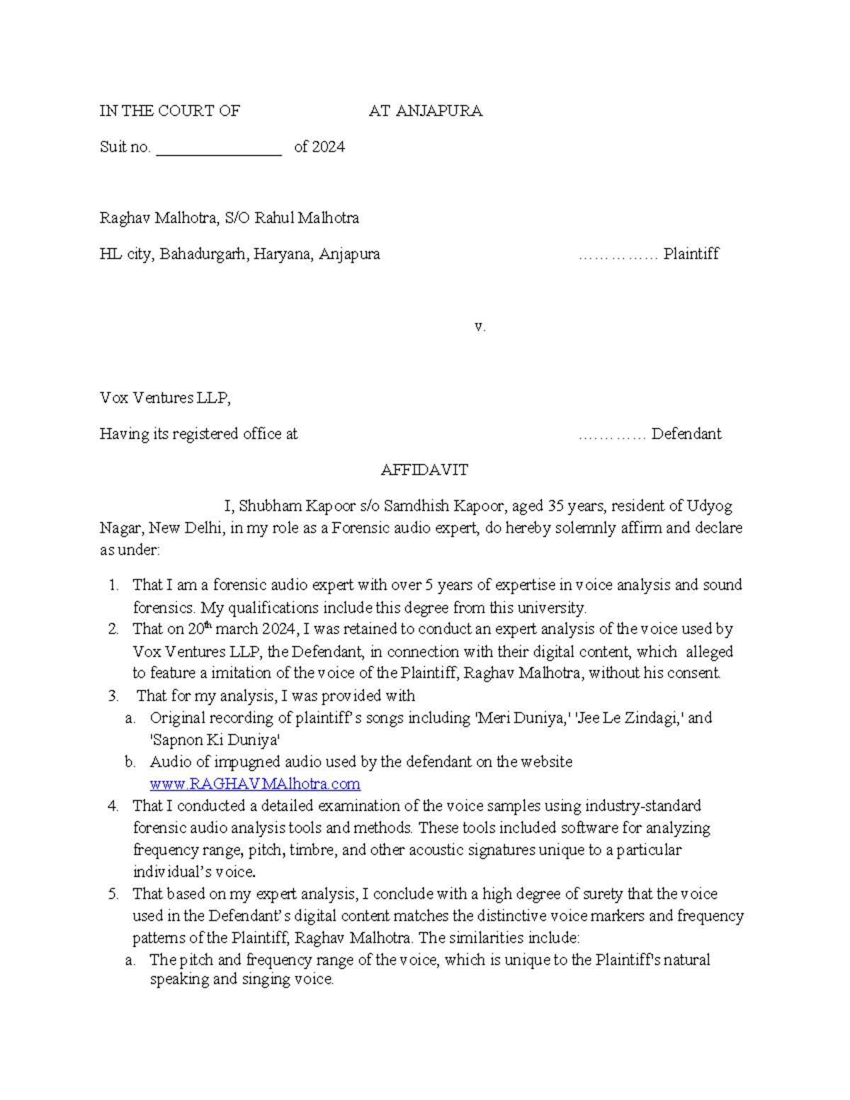 Forensic audio expert affidavit - IN THE COURT OF AT ANJAPURA Suit no ...