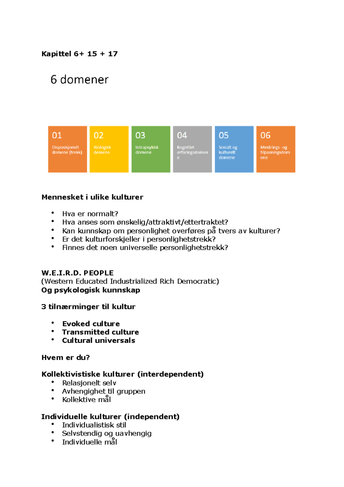 Forelesning Personlighet og sosial interaksjon - Kapittel 6+ 15 + 17 Mennesket i ulike kulturer ...