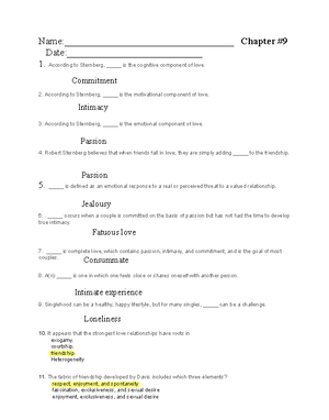 Ch 9 Notes (SOC 08220) - Ch. 9: Friendship, Love, Intimacy, and ...