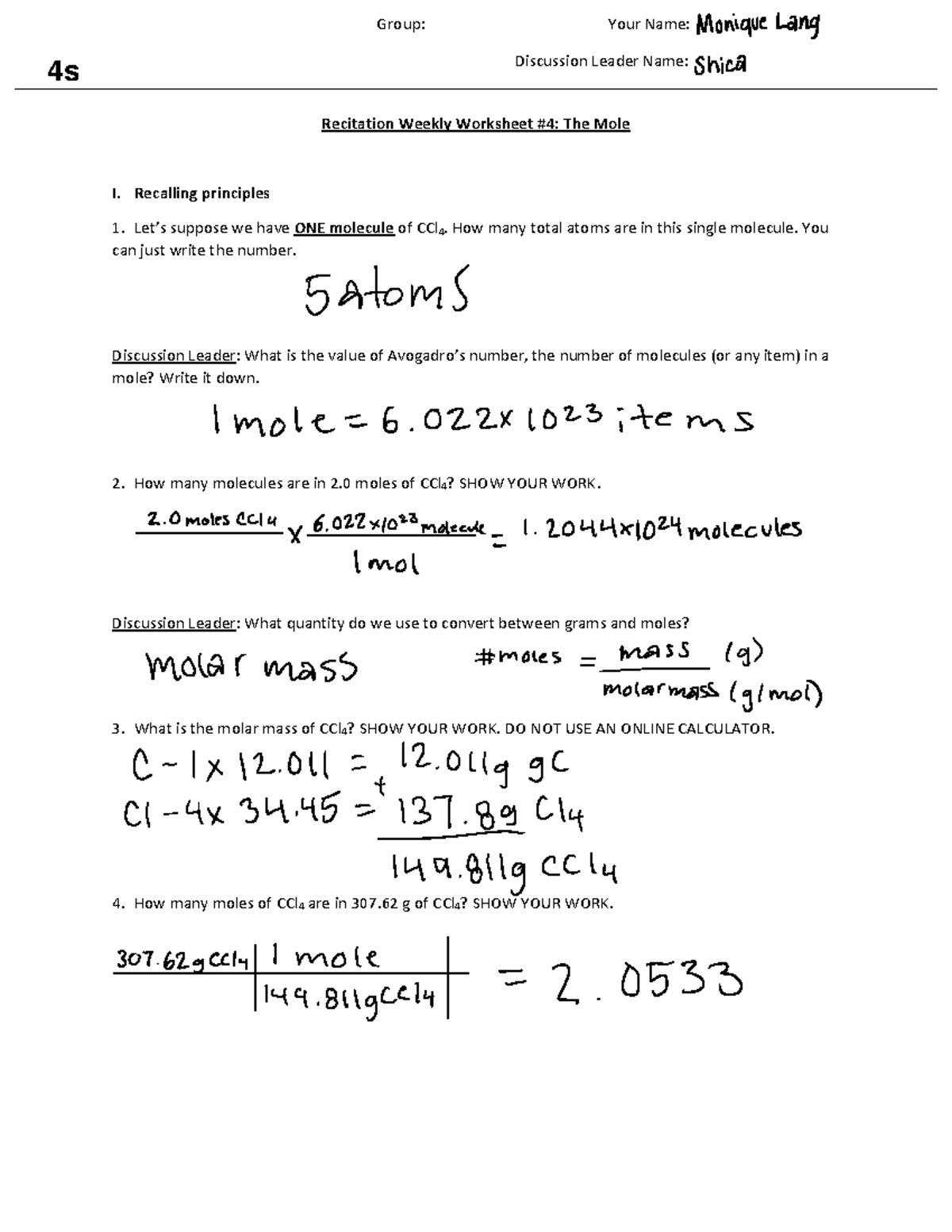 Recitation worksheet moles F23 - Group: Your Name: Discussion Leader ...