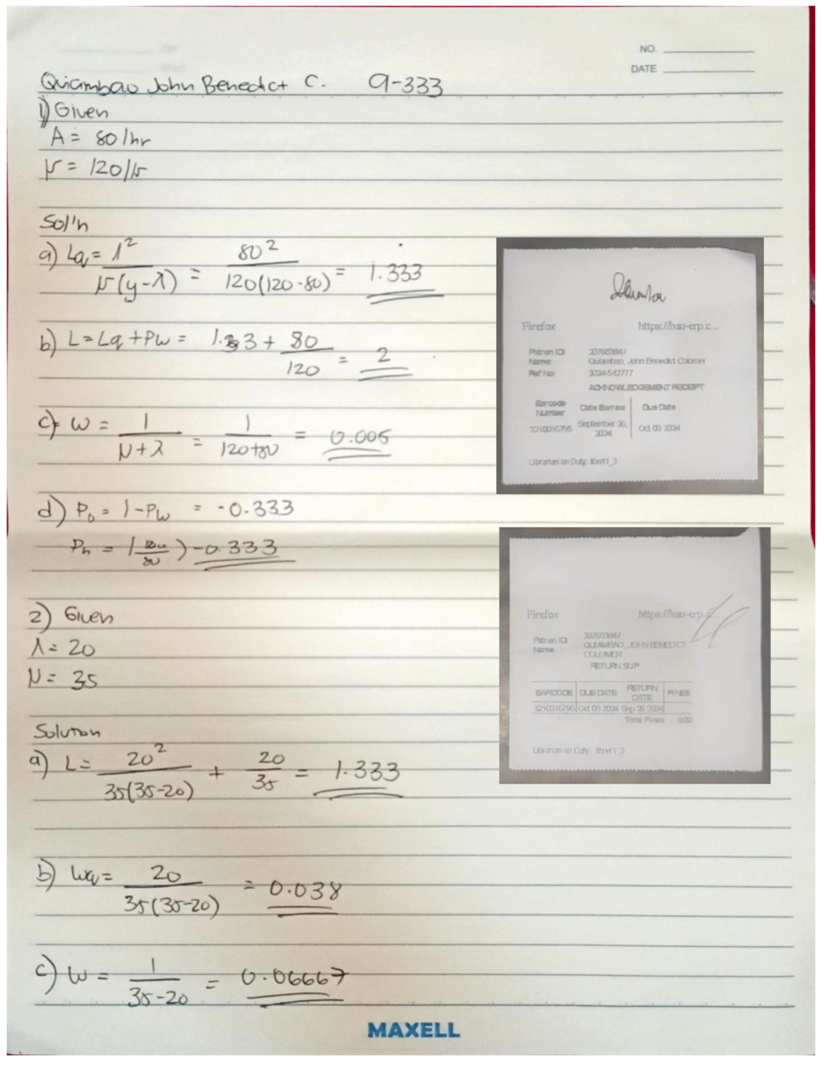 Queueing Theory - yes - NO. DATE Quambaw John Benedict C. 1) Given so 9) 802 diversion Firefox b ...