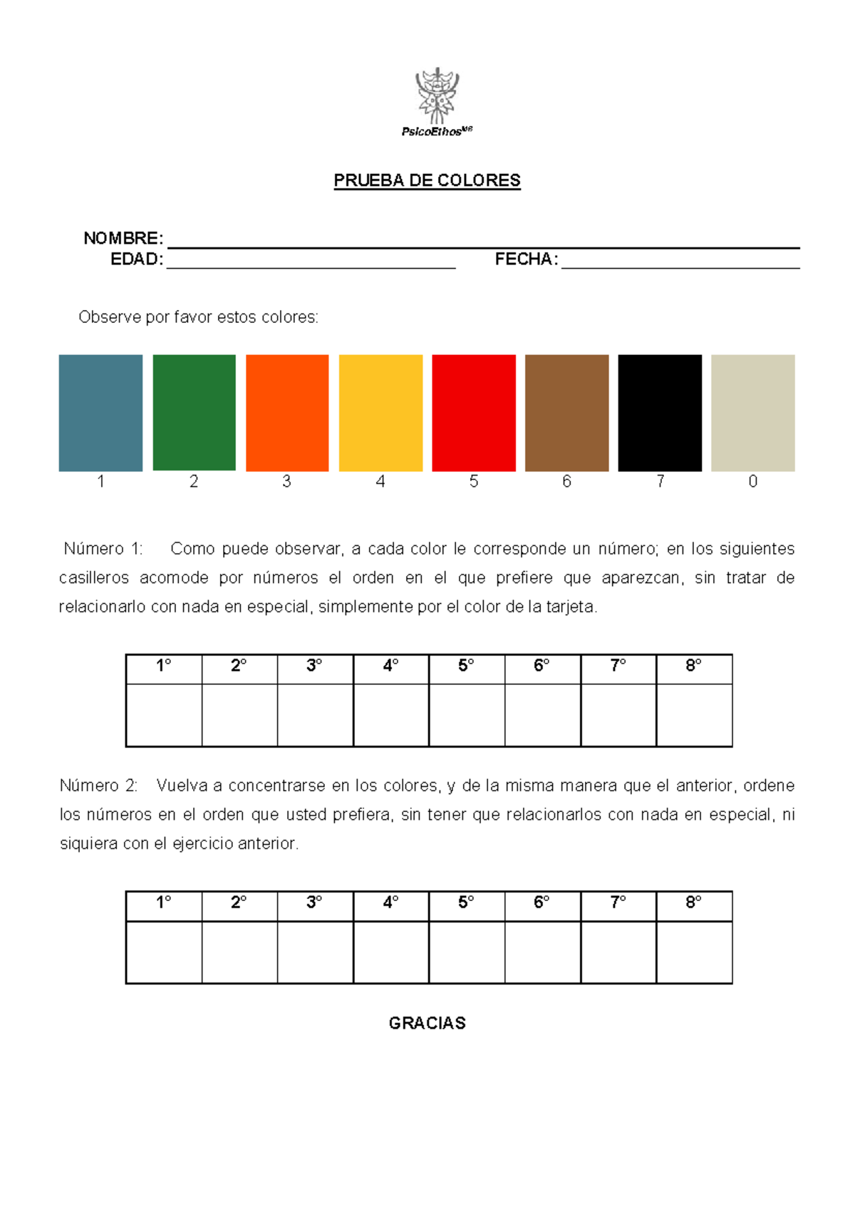 Test de los colores Lüscher (formato) - PsicoEthos MR PRUEBA DE COLORES ...