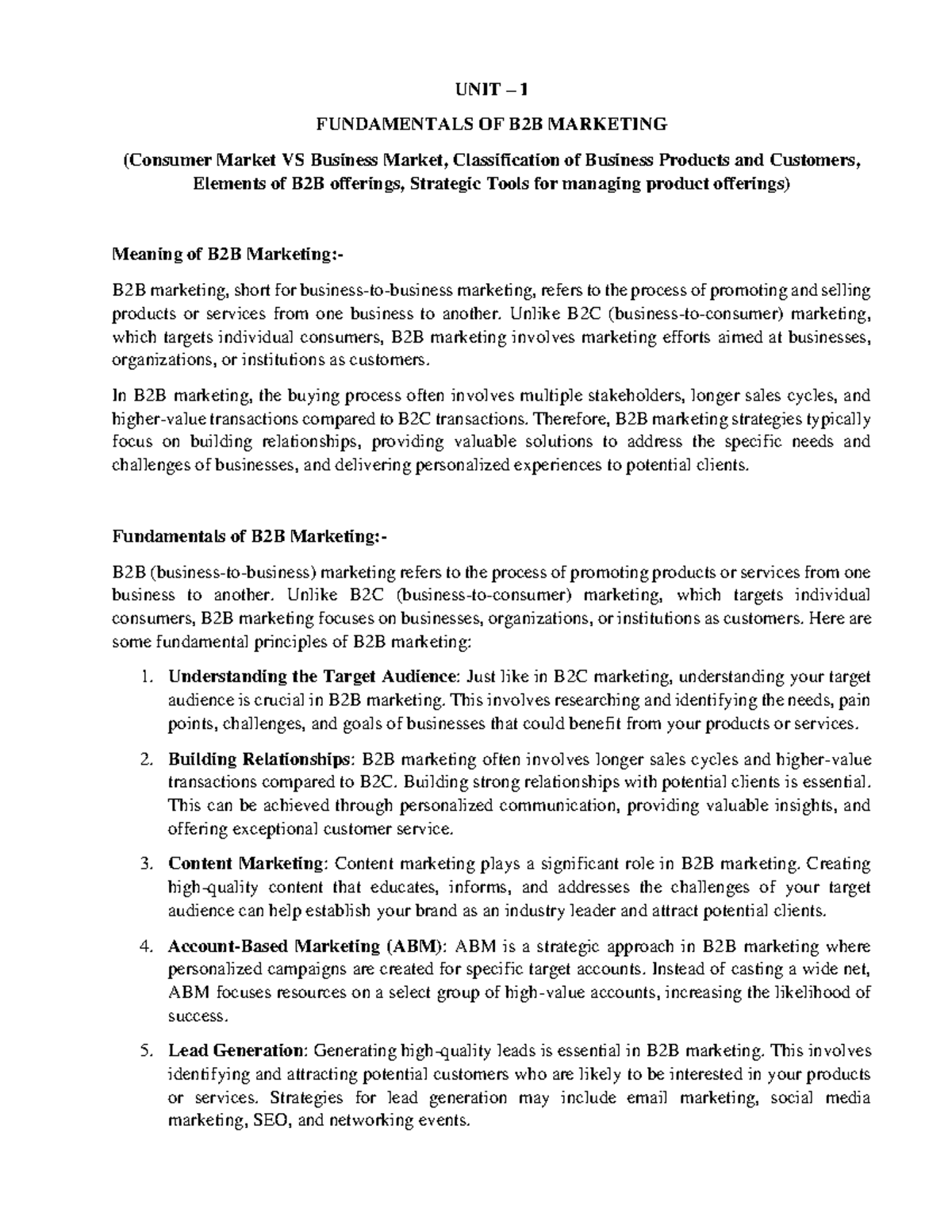 UNIT - 1 Fundamentals OF B2B Marketing - UNIT – 1 FUNDAMENTALS OF B2B MARKETING (Consumer Market ...