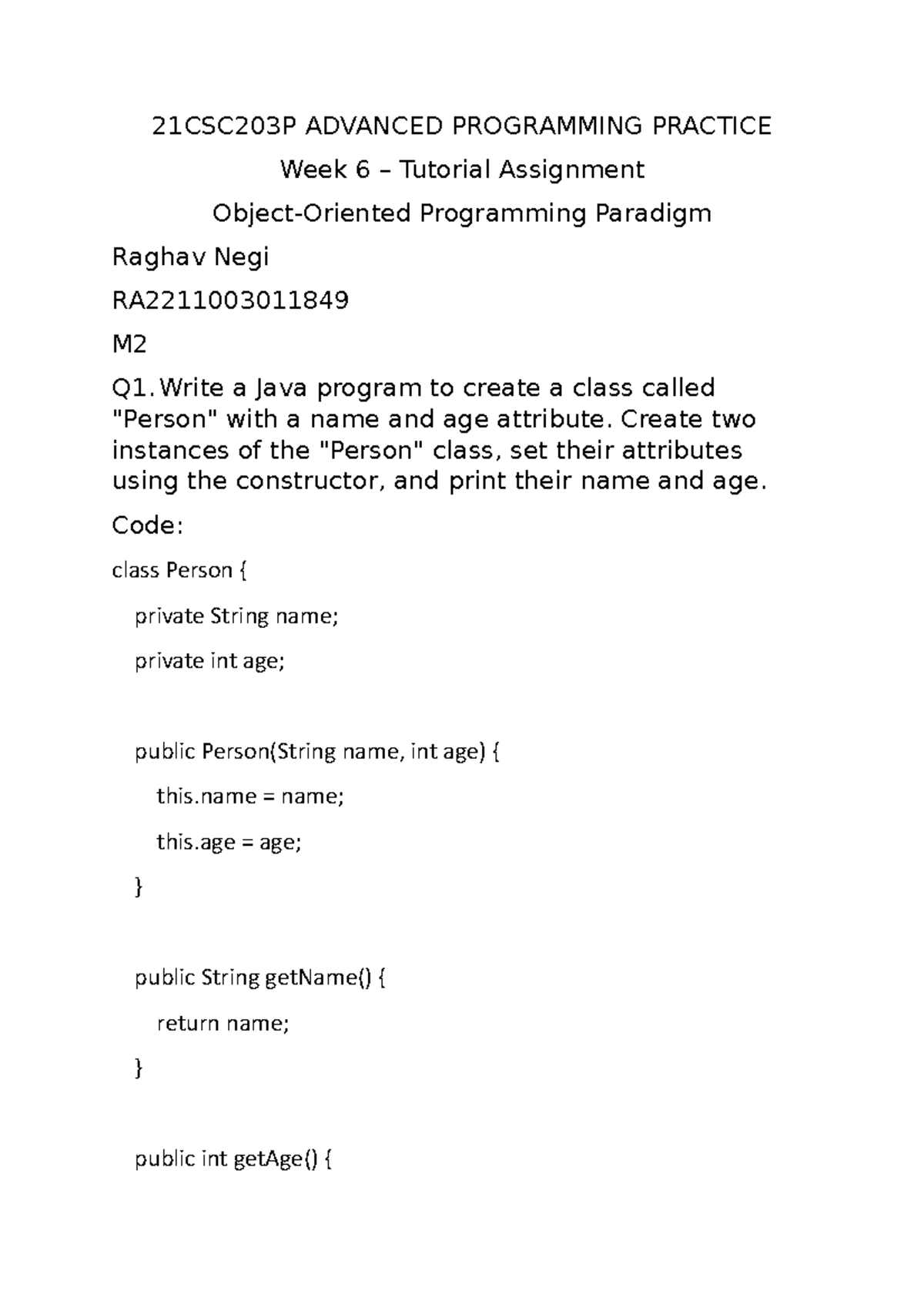 APP Week 6 - yoo - 21CSC203P ADVANCED PROGRAMMING PRACTICE Week 6 – Tutorial Assignment - Studocu
