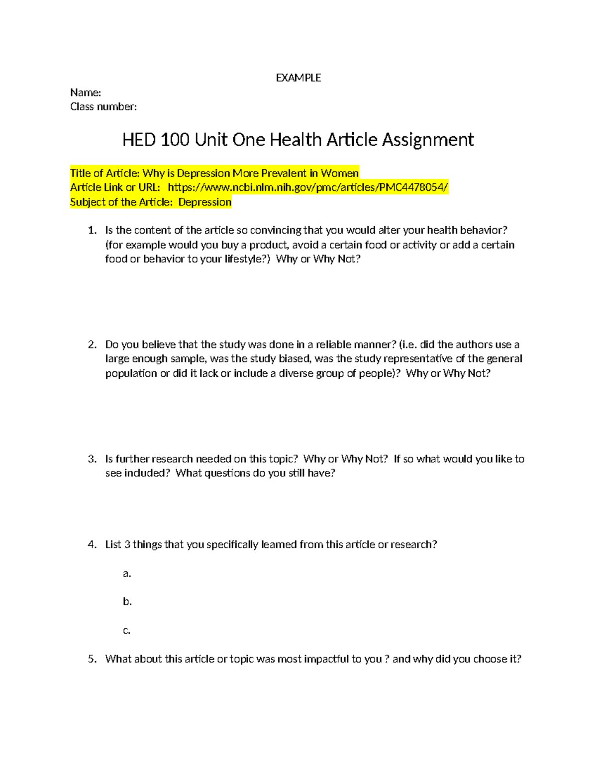 Health Article worksheet example - EXAMPLE Name: Class number: HED 100 ...