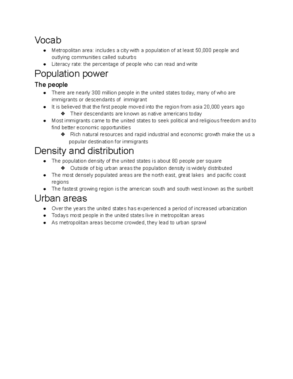 U.S human geography - Vocab - Vocab Metropolitan area: includes a city ...