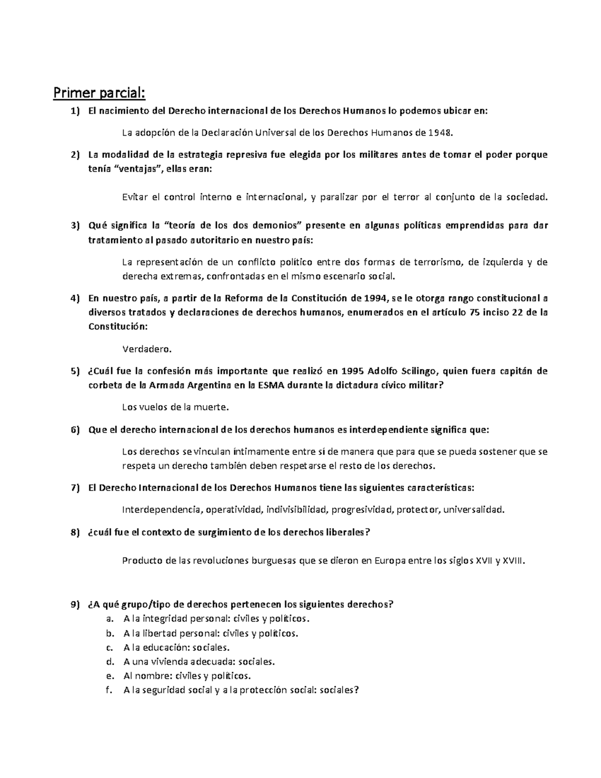 DDHH preguntas parciales - Primer parcial: El nacimiento del Derecho internacional de los ...