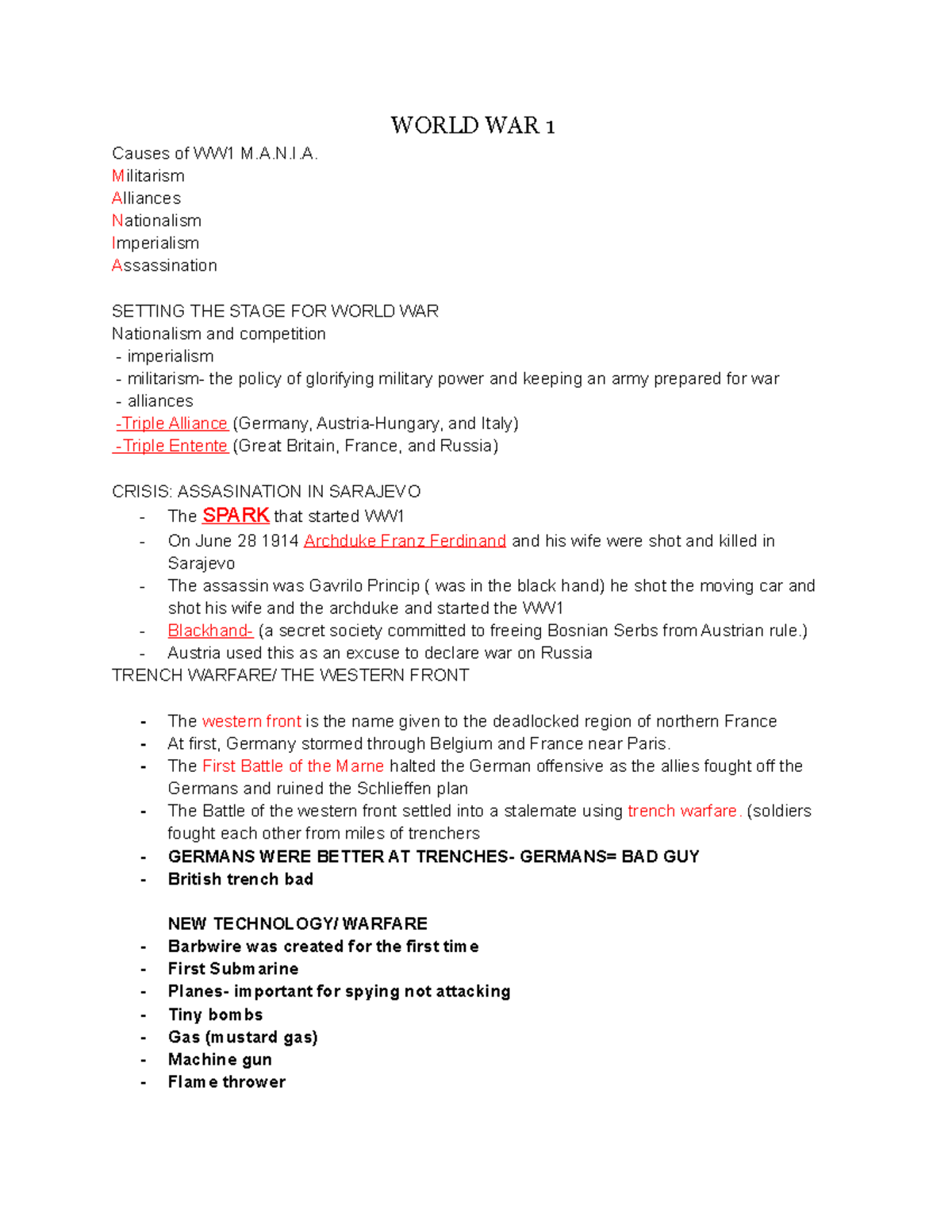 World WAR 1 Notes - WORLD WAR 1 Causes of WW1 M.A.N.I. Militarism ...