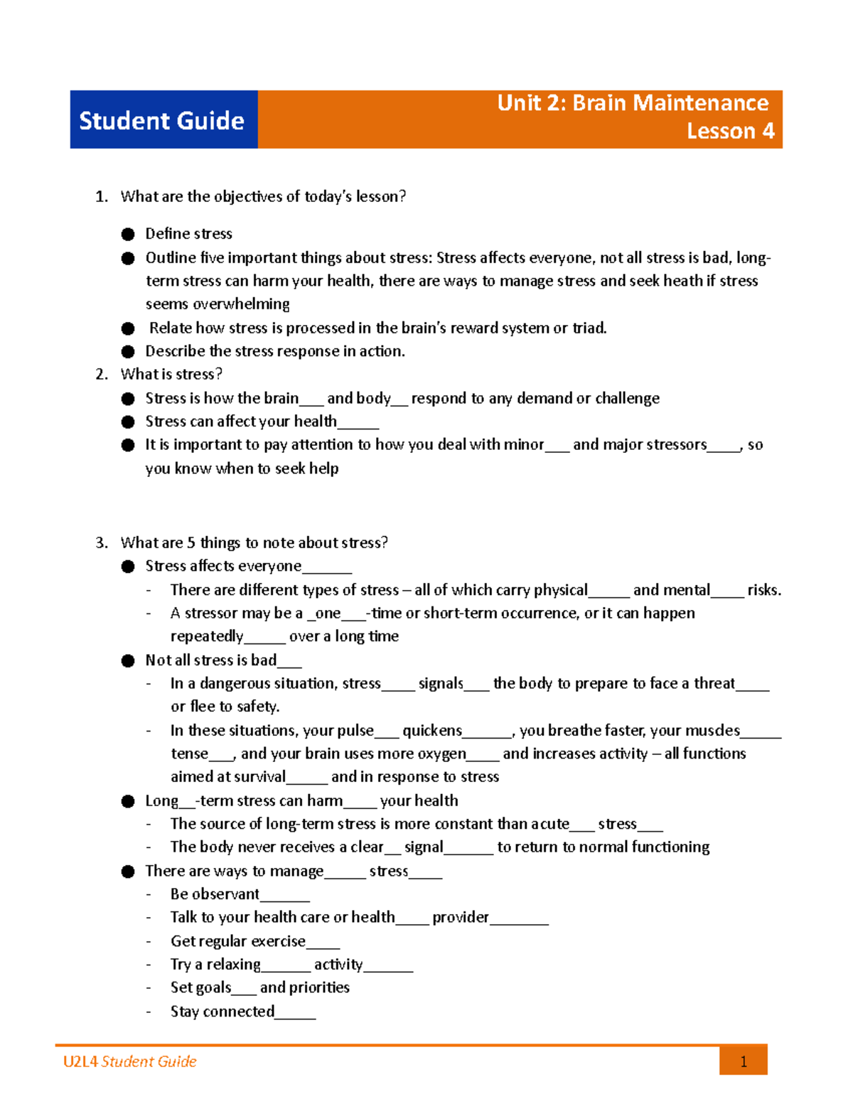 U2L4 Student Guide - Student Guide Unit 2: Brain Maintenance Lesson 4 What are the objectives of ...