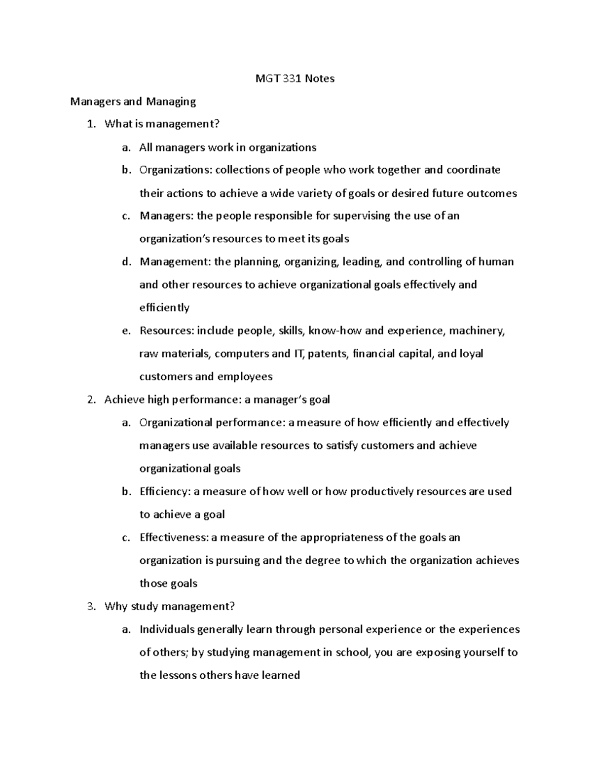 MGT 331 Notes - CH 1 - MGT 331 Notes Managers and Managing What is ...