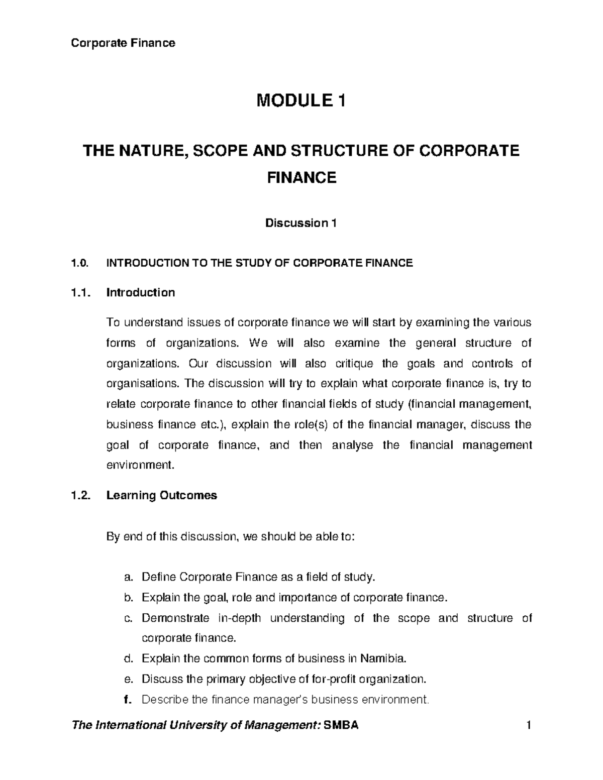 Corporate Finance Study Guide 2015 2 - MODULE 1 THE NATURE, SCOPE AND ...