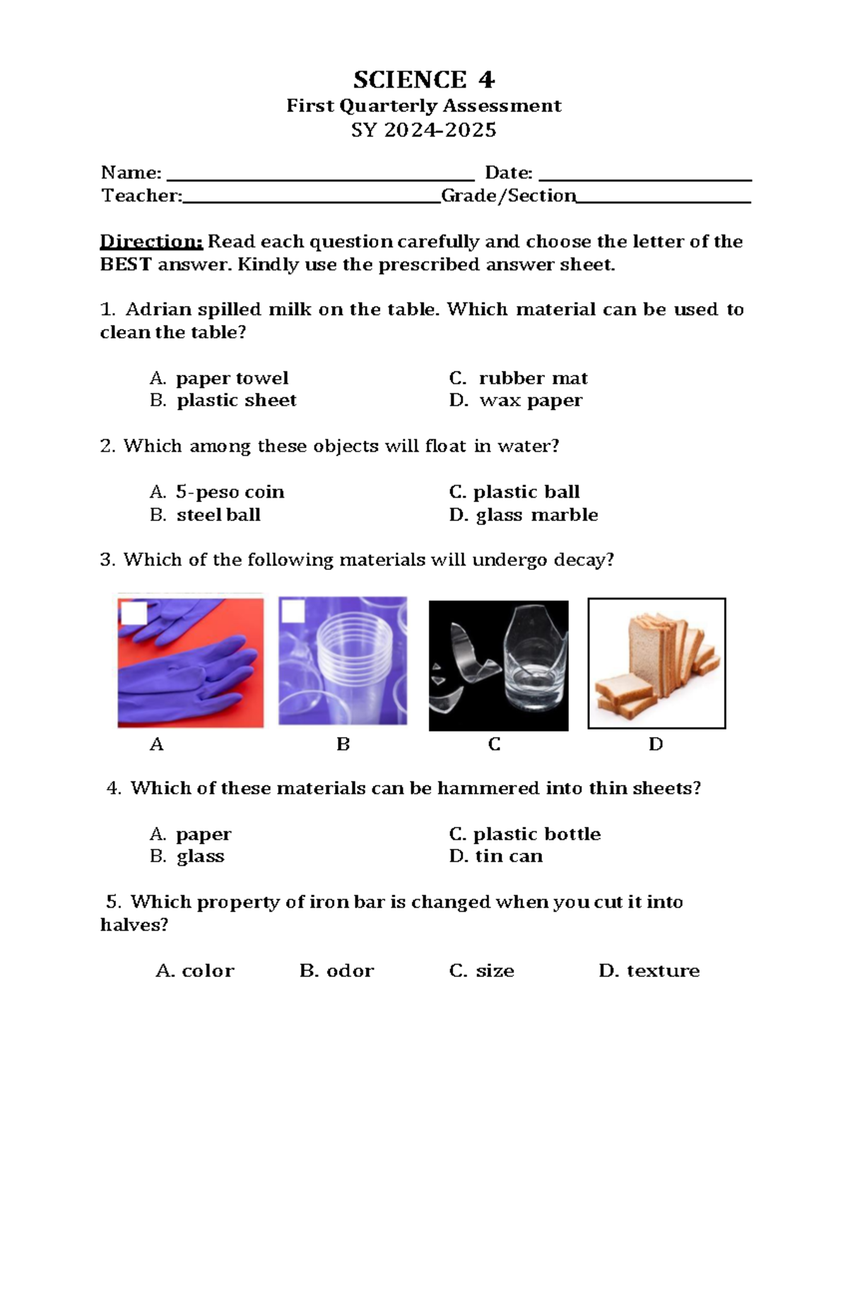 Science 4 Q1 Assessment - SCIENCE 4 First Quarterly Assessment SY 2024 ...