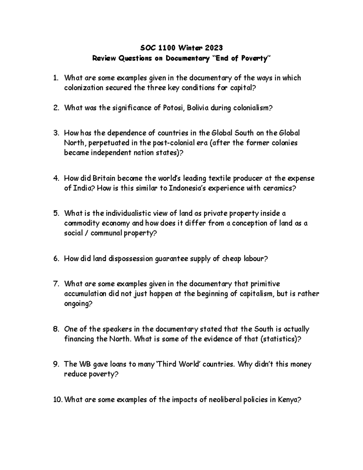 Review questions on End of Poverty - SOC 1100 Winter 2023 Review ...