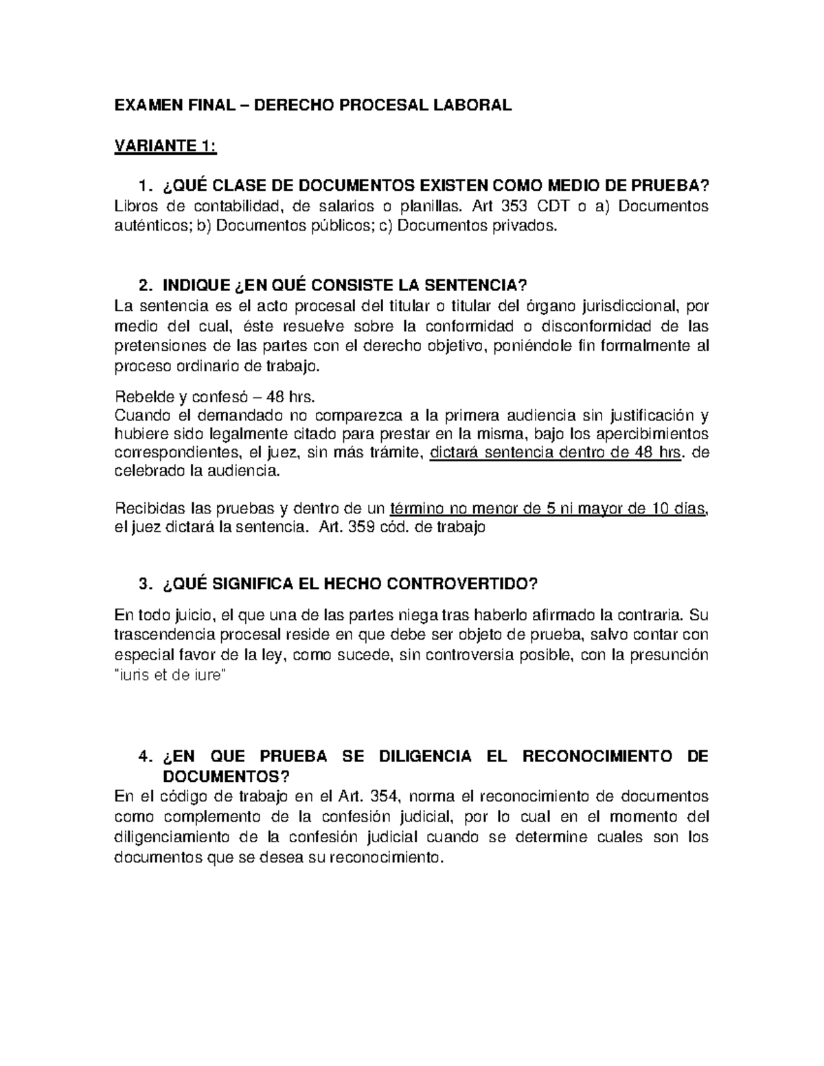 Examen Final - Derecho Procesal Laboral 2 - EXAMEN FINAL – DERECHO PROCESAL LABORAL VARIANTE 1: ...