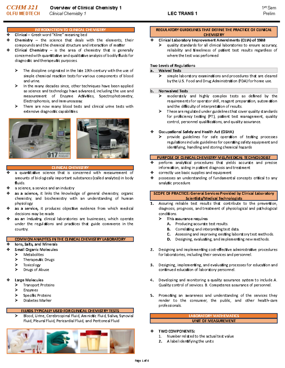 CCHM LEC Trans 1 - asdfghjkl - CCHM 321 Overview of Clinical Chemistry ...