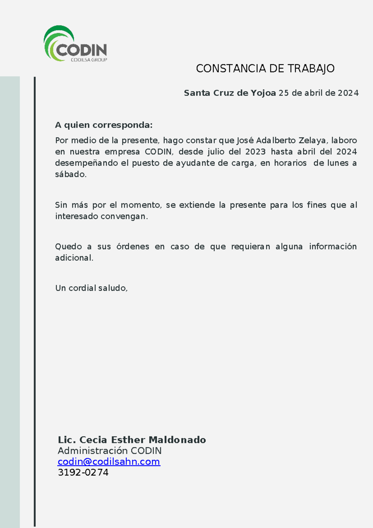 Ejemplo de Constancia de Trabajo - CONSTANCIA DE TRABAJO Santa Cruz de ...