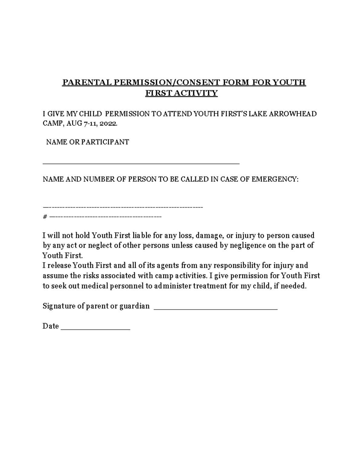 Parental Permission Consent FORM FOR Youth First Activity - PARENTAL ...